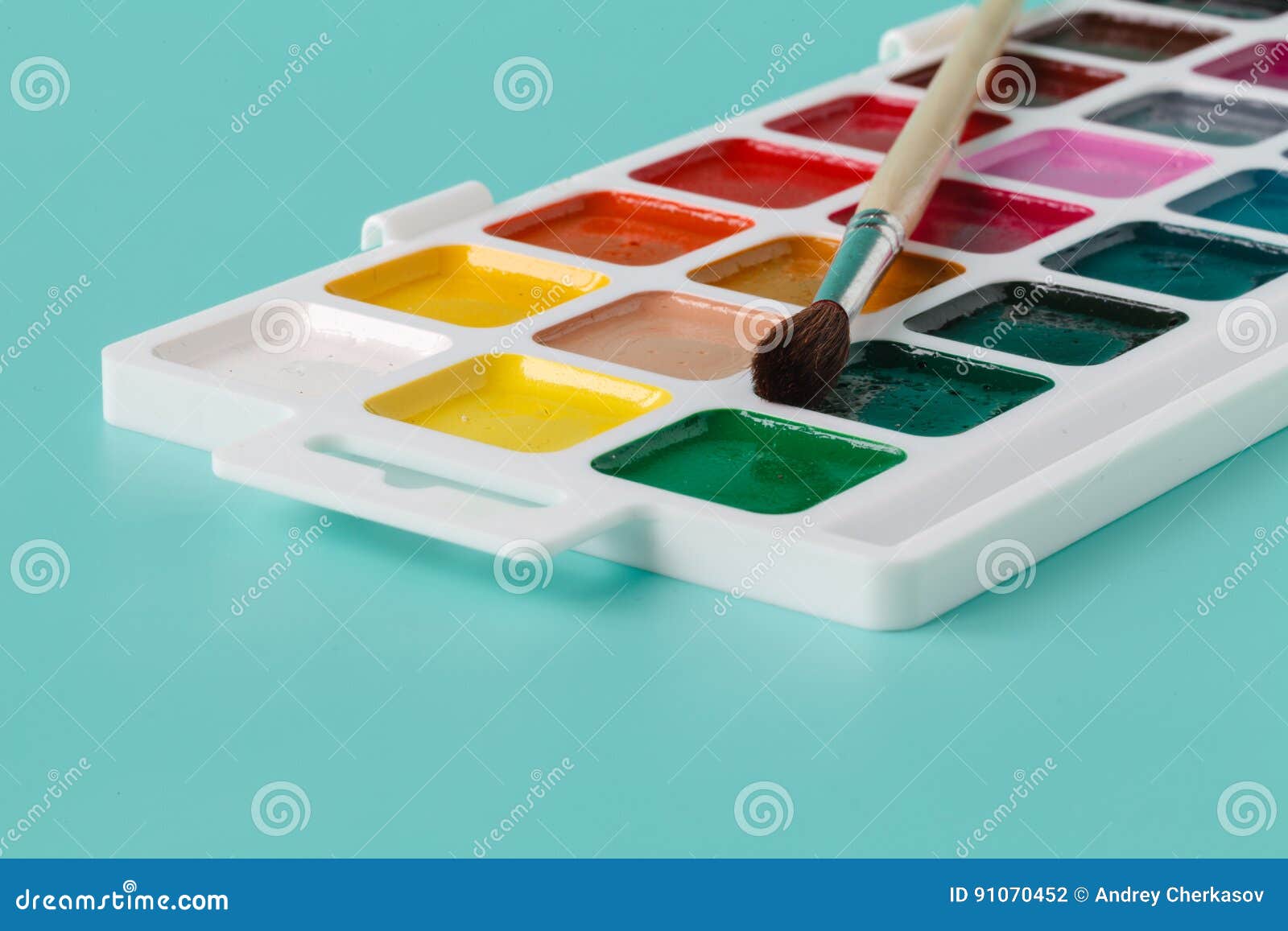 Watercolor Paint and Brush in White Box, on Blue Background Stock Photo ...