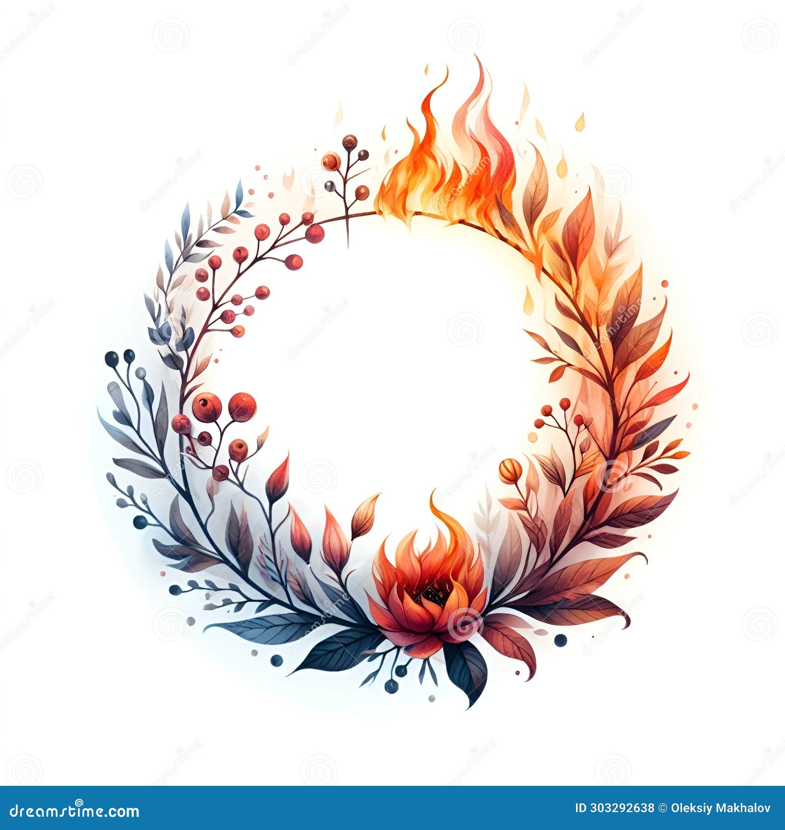 Watercolor Paint Hot Fire Burn Round Frame Illustration Stock ...