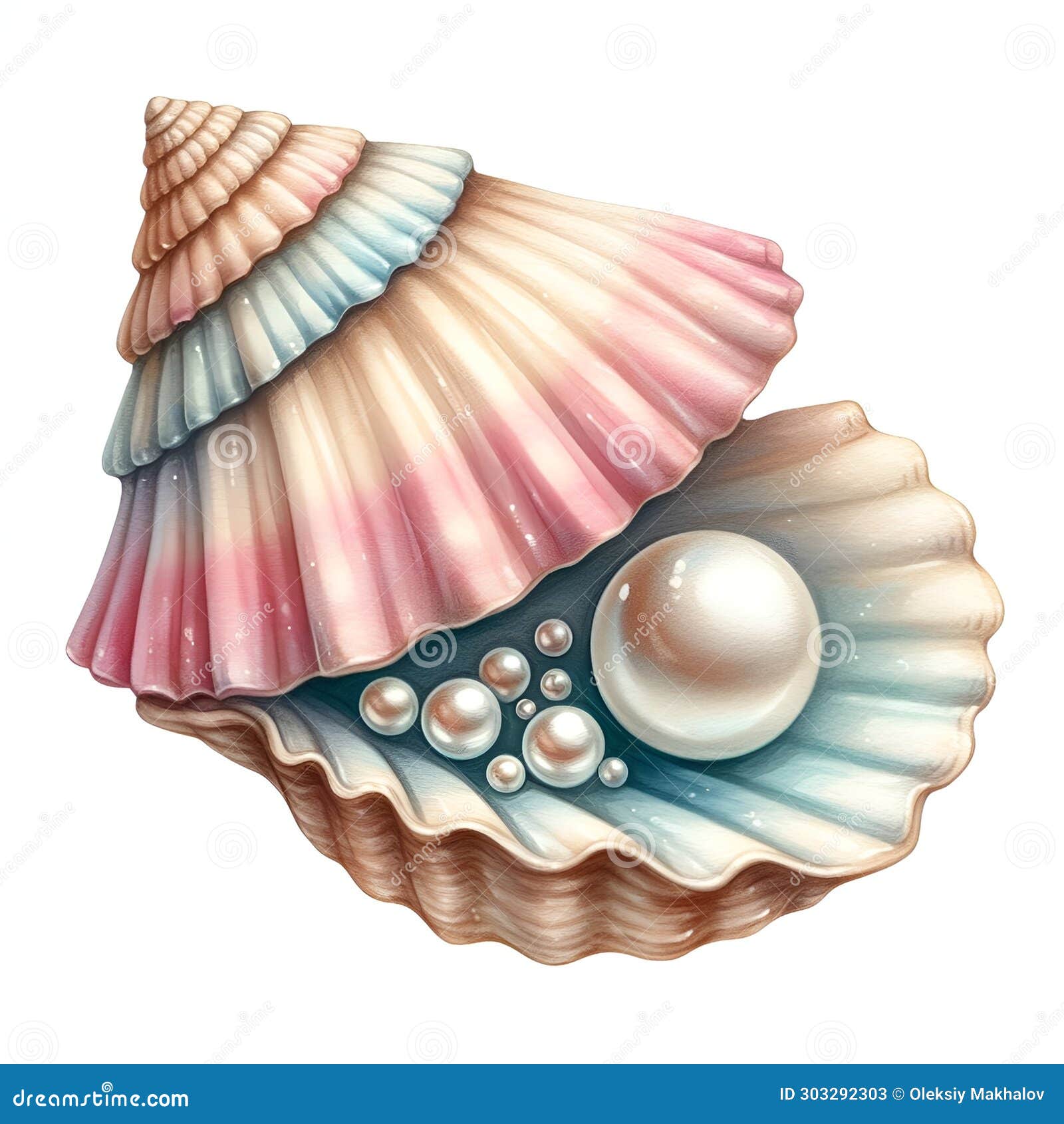 Watercolor Paint Ocean Shell with Pearl Illustration Stock Illustration ...