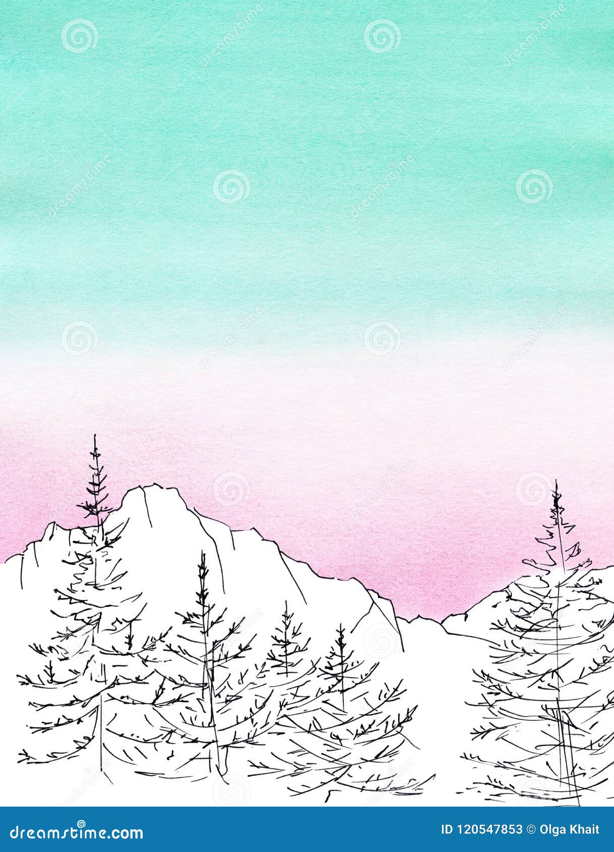 Watercolor Painted Background with Black Ink Landscape Stock Image ...