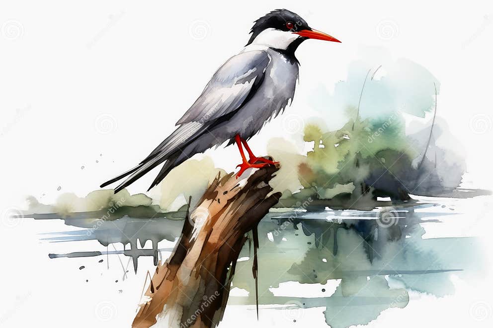 Watercolor Painted Common Tern on a White Background Stock Illustration ...