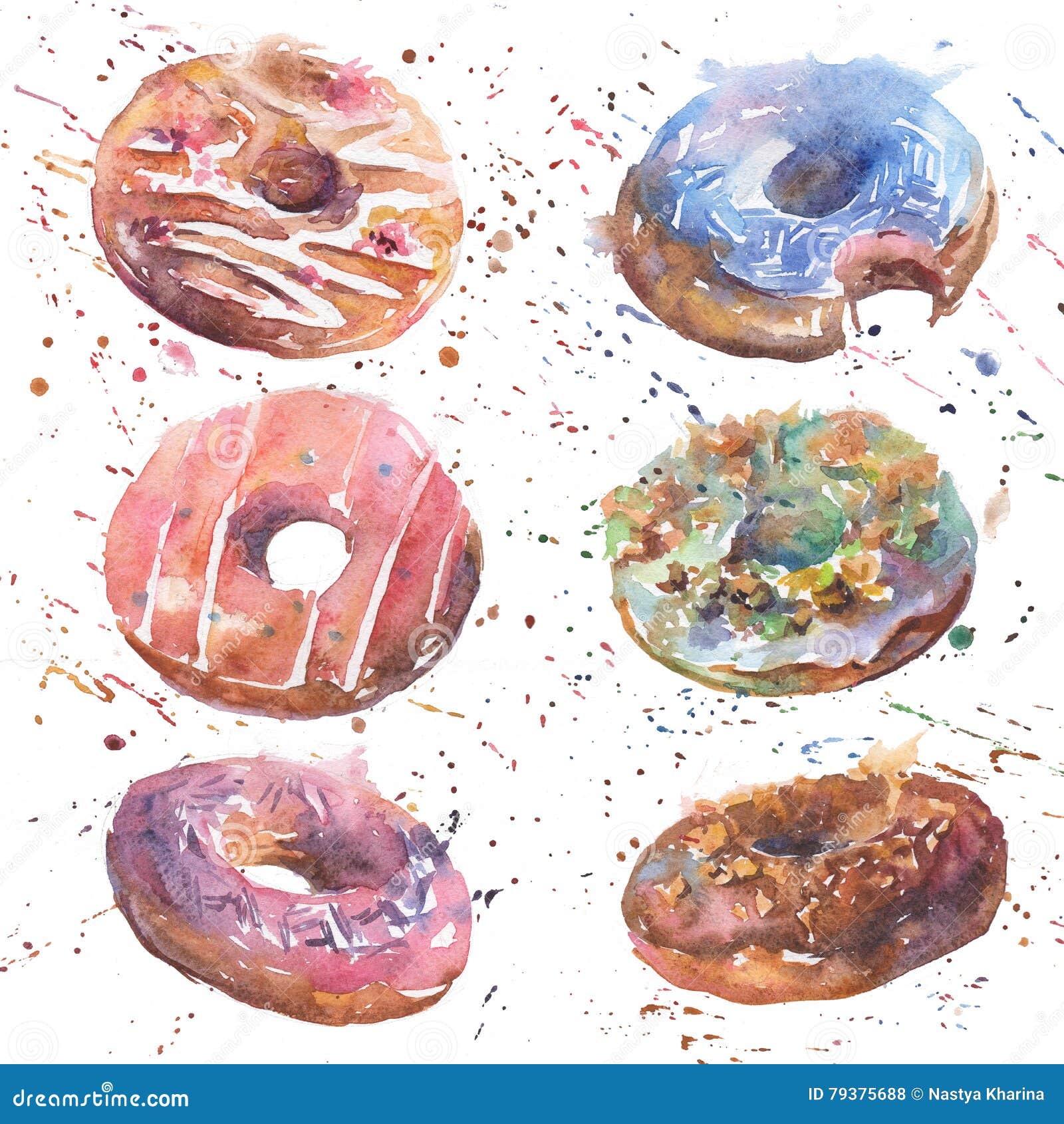 Watercolor painted donuts stock illustration. Illustration of ...