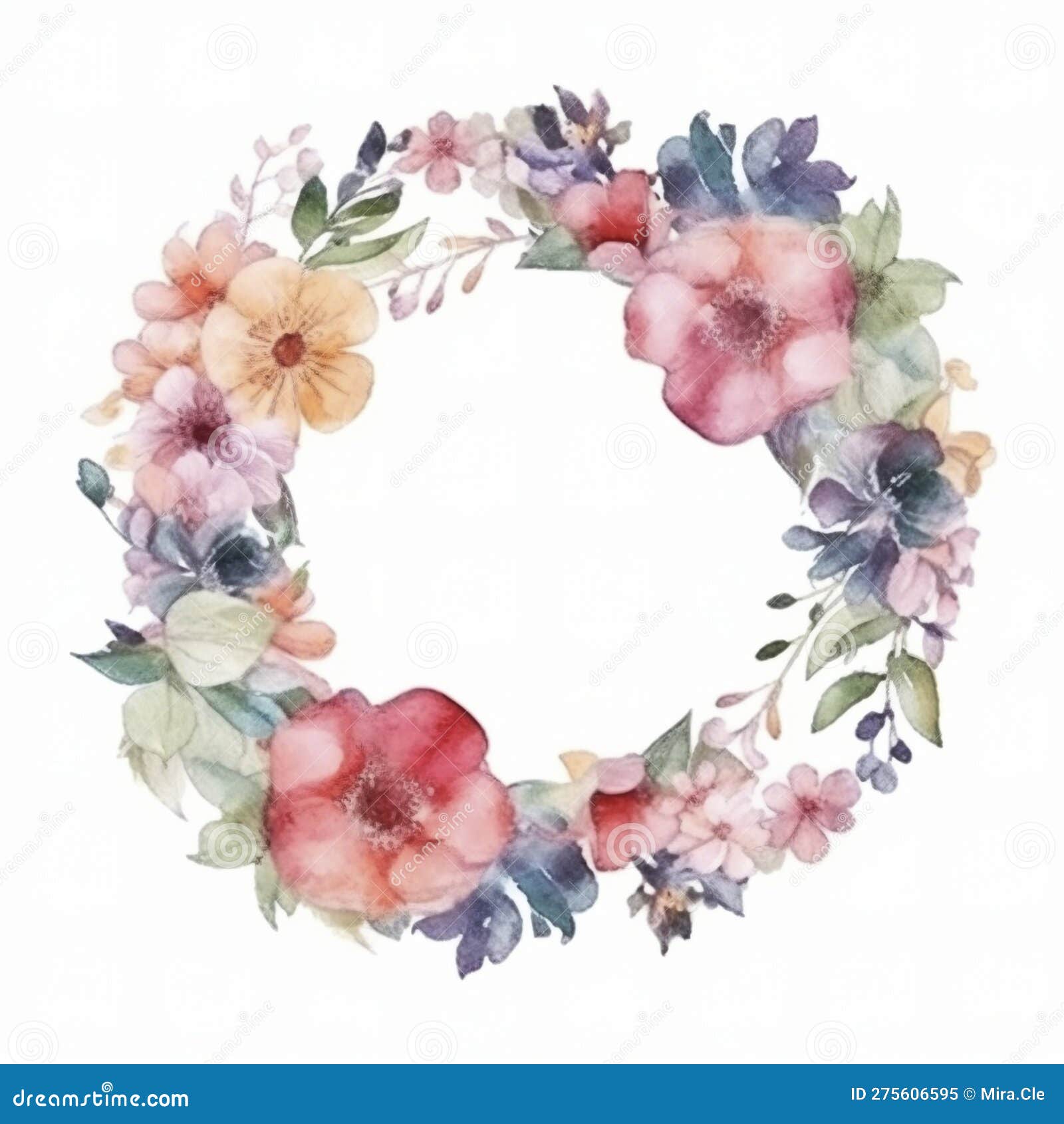 Watercolor Painted Flower in Round Shape with Empty Space on White ...