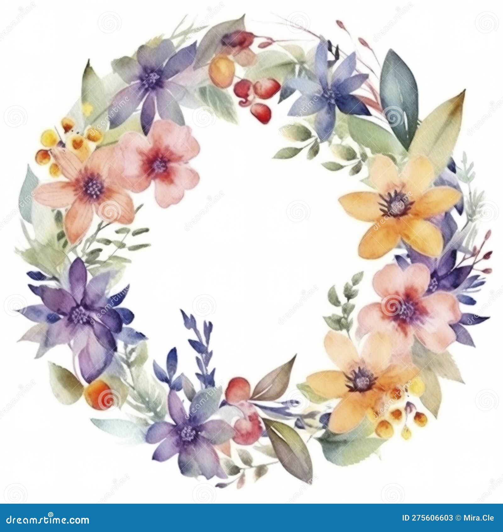 Watercolor Painted Flower in Round Shape with Empty Space on White ...