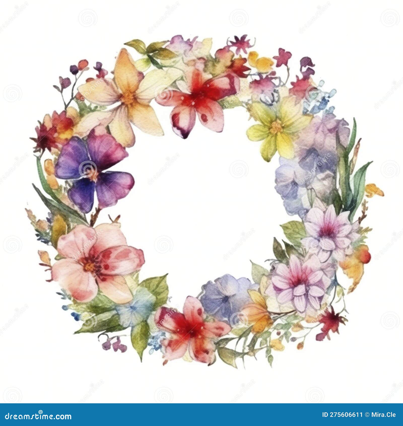 Watercolor Painted Flower in Round Shape with Empty Space on White ...