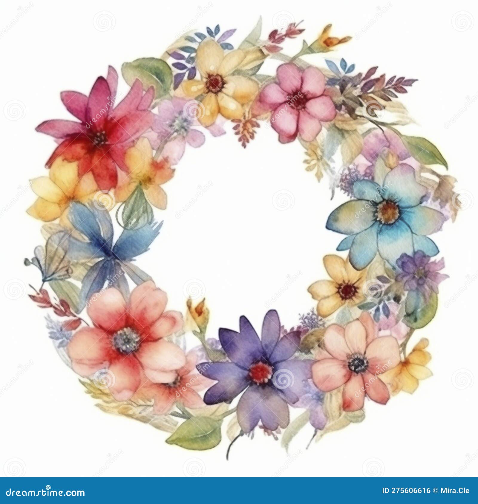 Watercolor Painted Flower in Round Shape with Empty Space on White ...