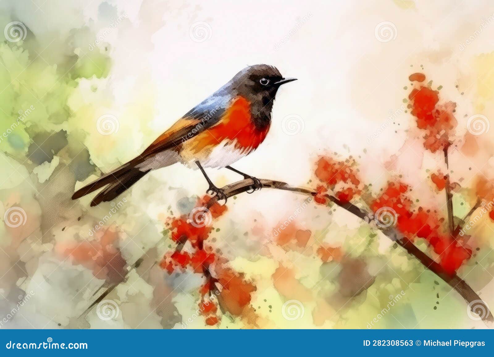 Watercolor Painted Garden Redstart on a White Background Stock Image ...