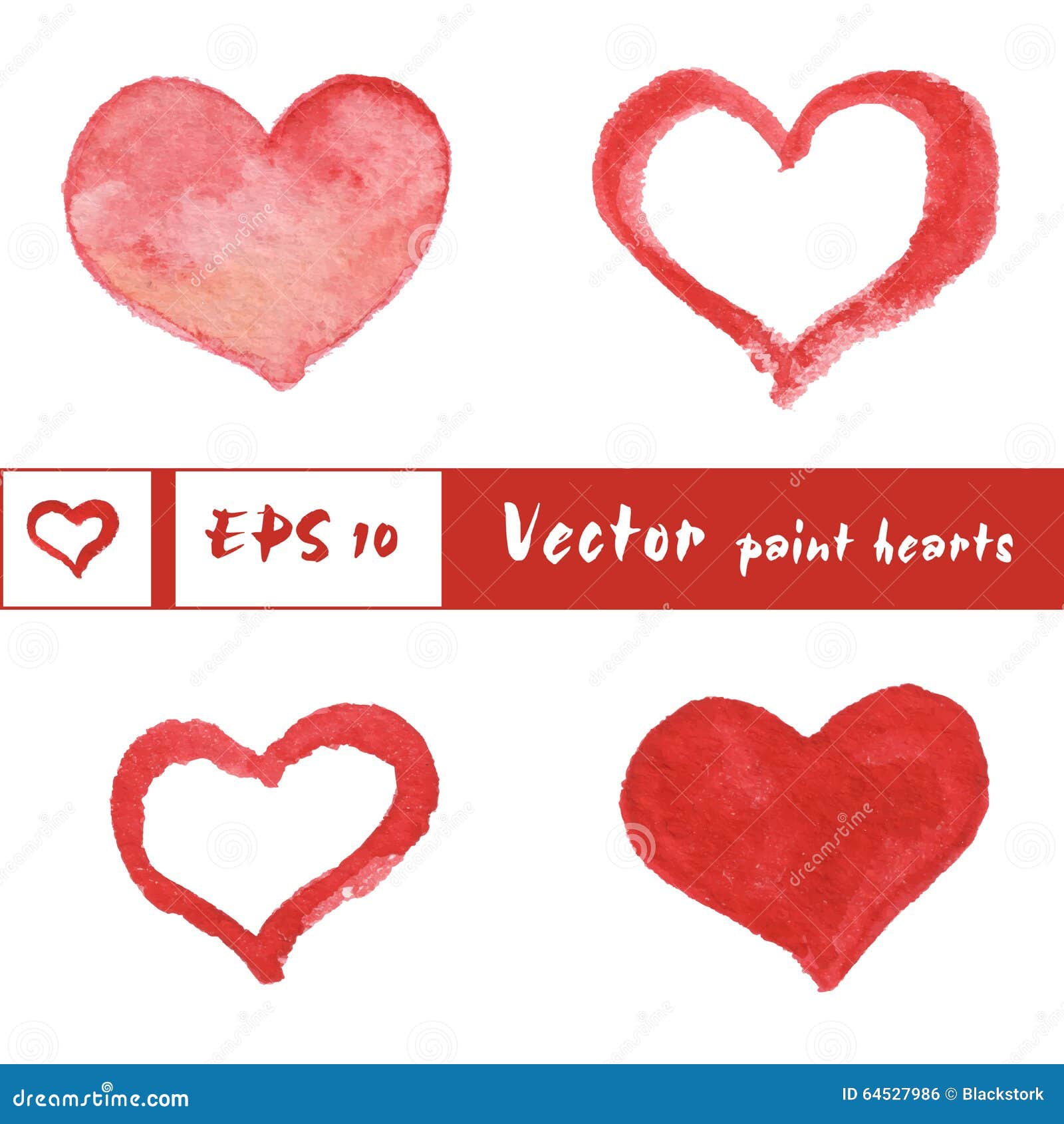Watercolor Painted Red Hearts Set, Vector Elements Stock Vector - Illustration of paint, brush ...