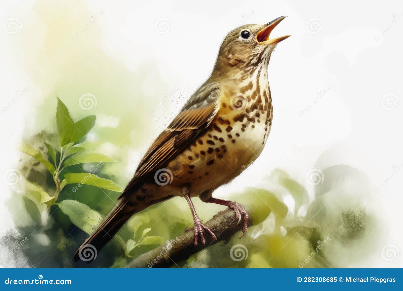 Watercolor Painted Song Thrush Bird on a White Background Stock ...