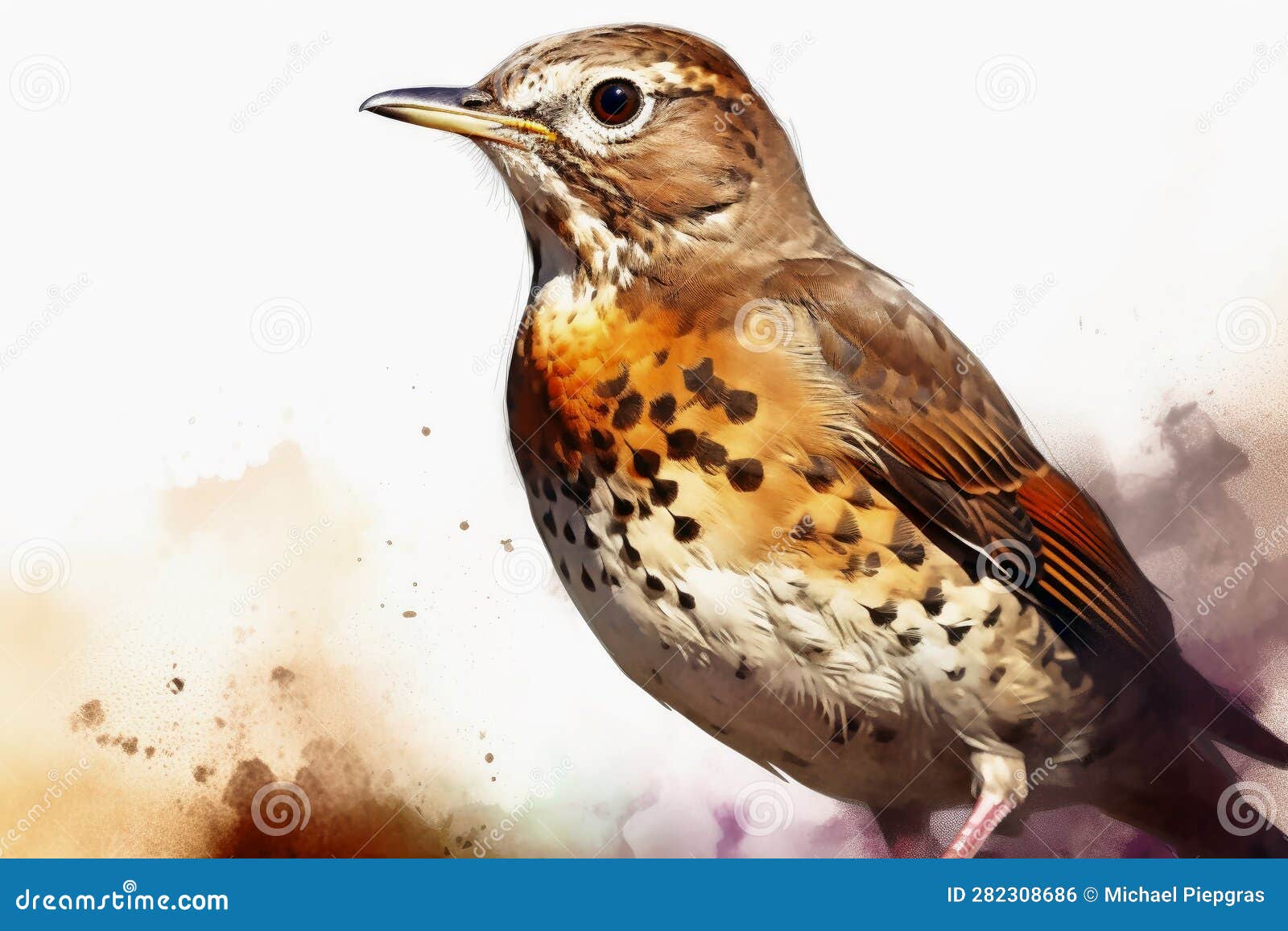 Watercolor Painted Song Thrush Bird on a White Background Stock ...