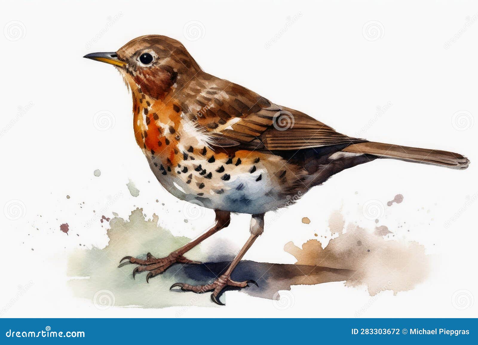 Watercolor Painted Song Thrush Bird on a White Background Stock ...