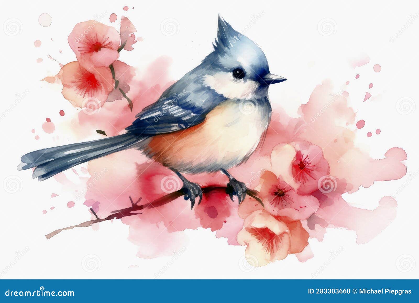 Watercolor Painted Titmouse Bird on a White Background Stock ...