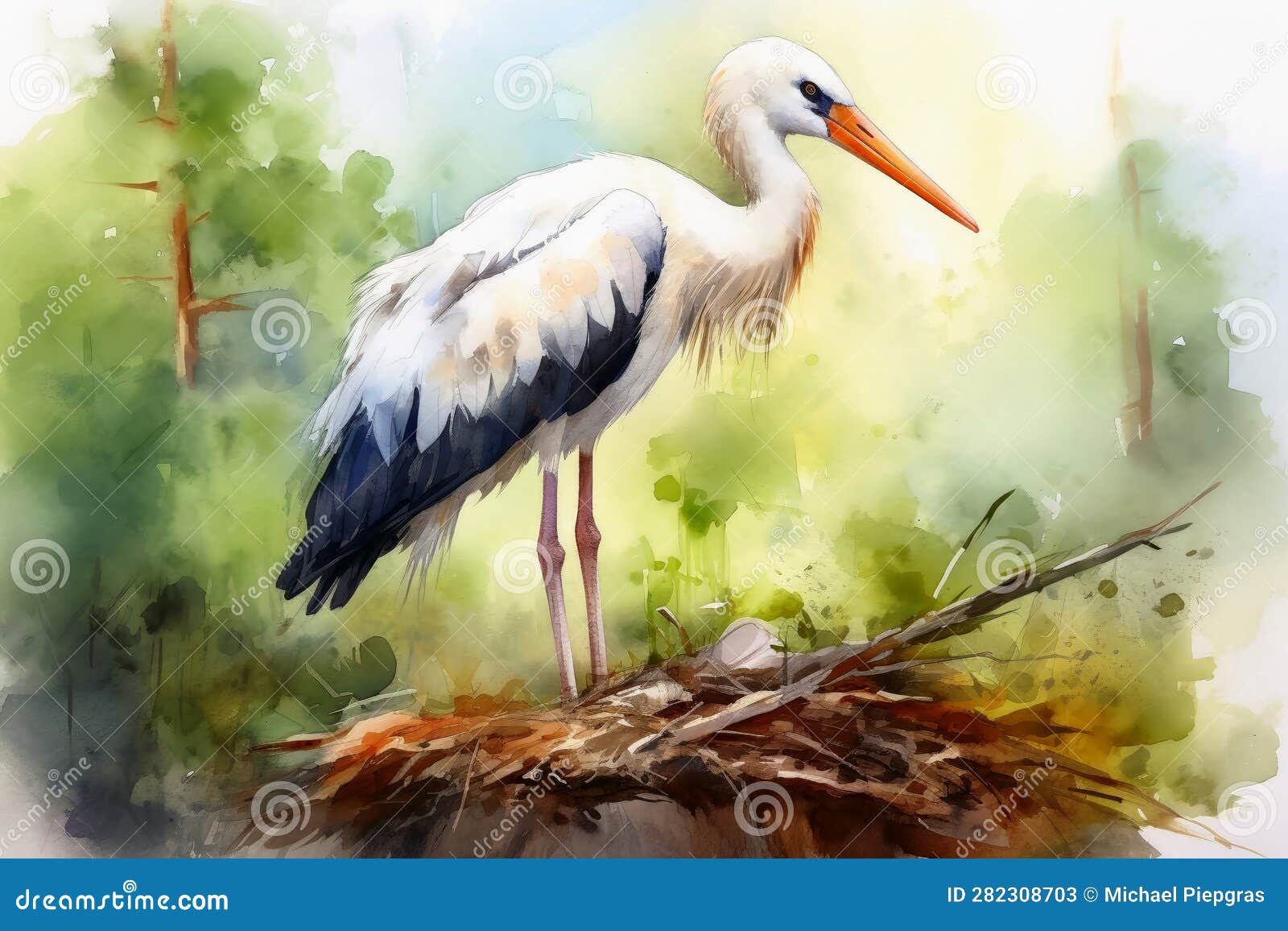Watercolor Painted White Stork on a White Background Stock Illustration ...