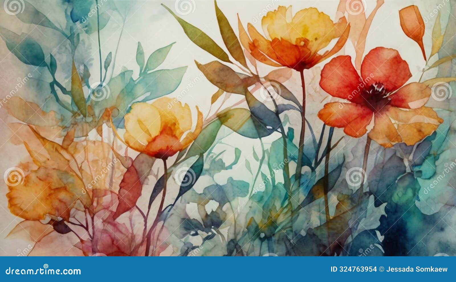 Watercolor Painting: Abstract Floral Composition with Overlapping ...