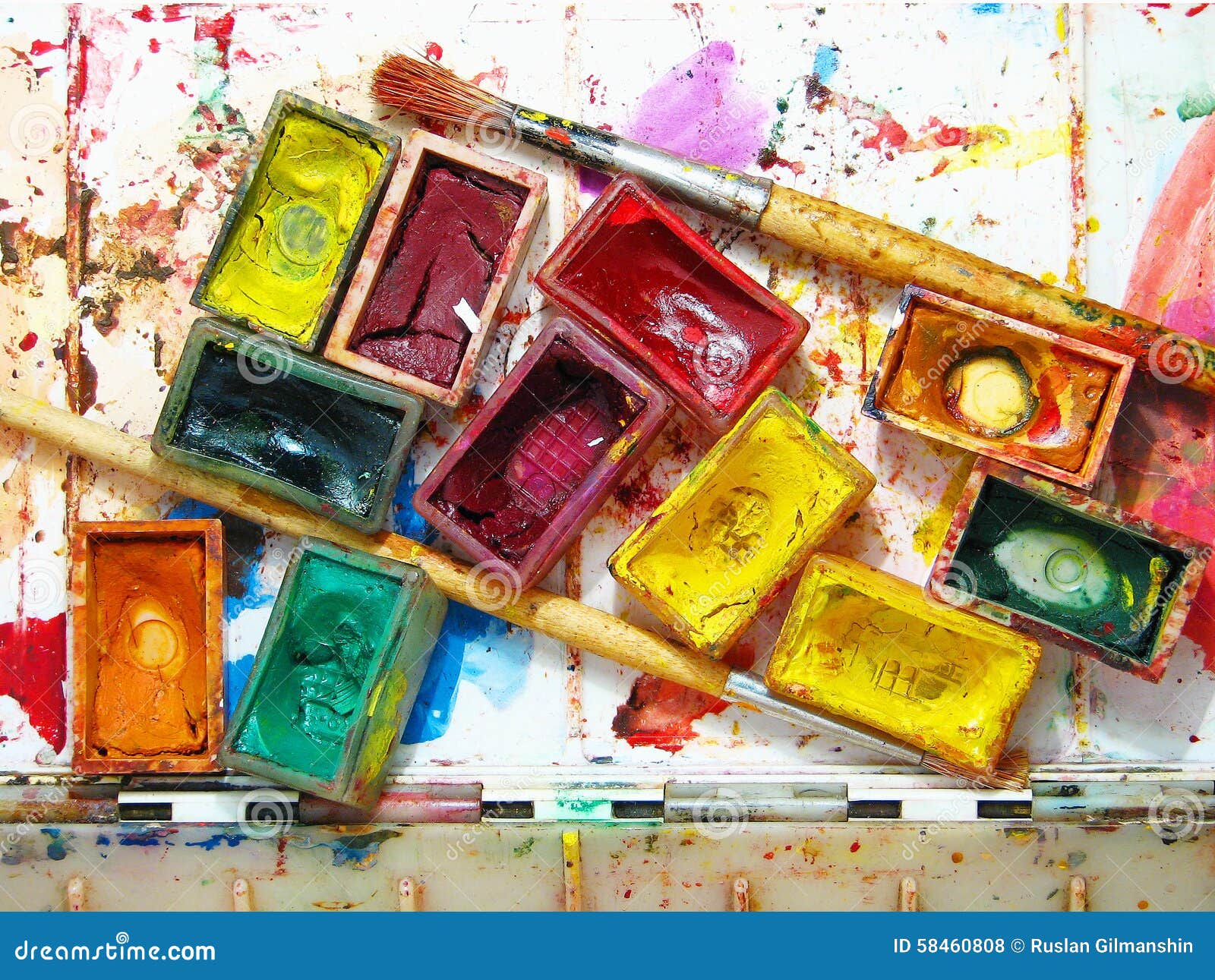 Watercolor Painting and Artistic Tools on Table Stock Photo - Image of ...