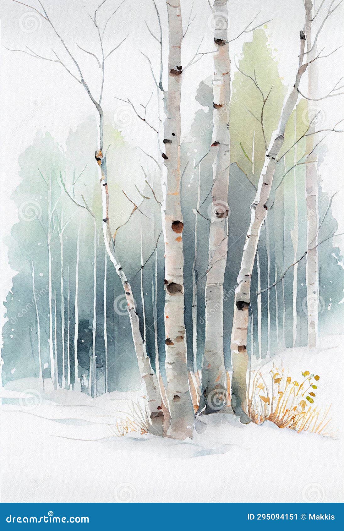 Watercolor Painting of Birch Tree Trunks in Winter Forest Stock ...
