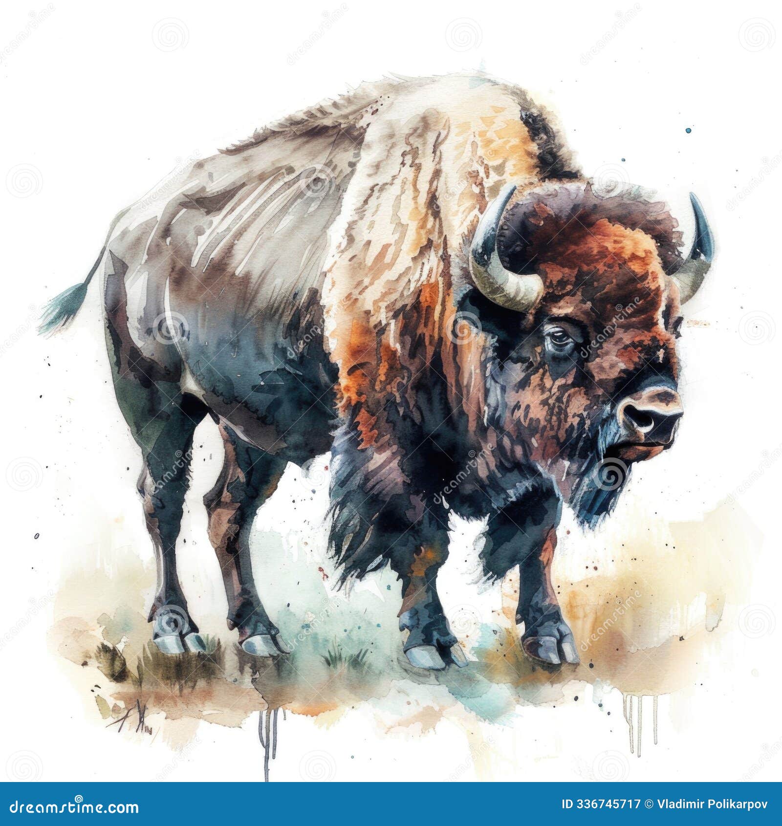 A Watercolor Painting of a Bison Standing on a Clean White Background ...