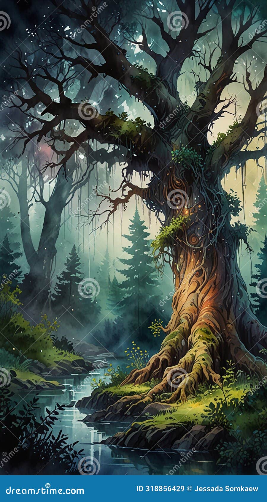 Watercolor Painting: a Colossal, Ancient Tree, Teeming with Magical ...