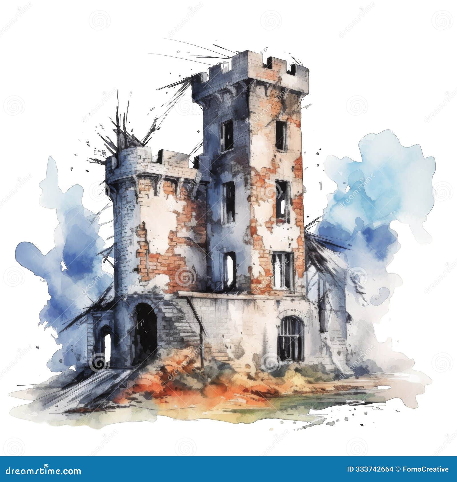 Watercolor Painting of a Crumbling Stone Tower Stock Illustration ...