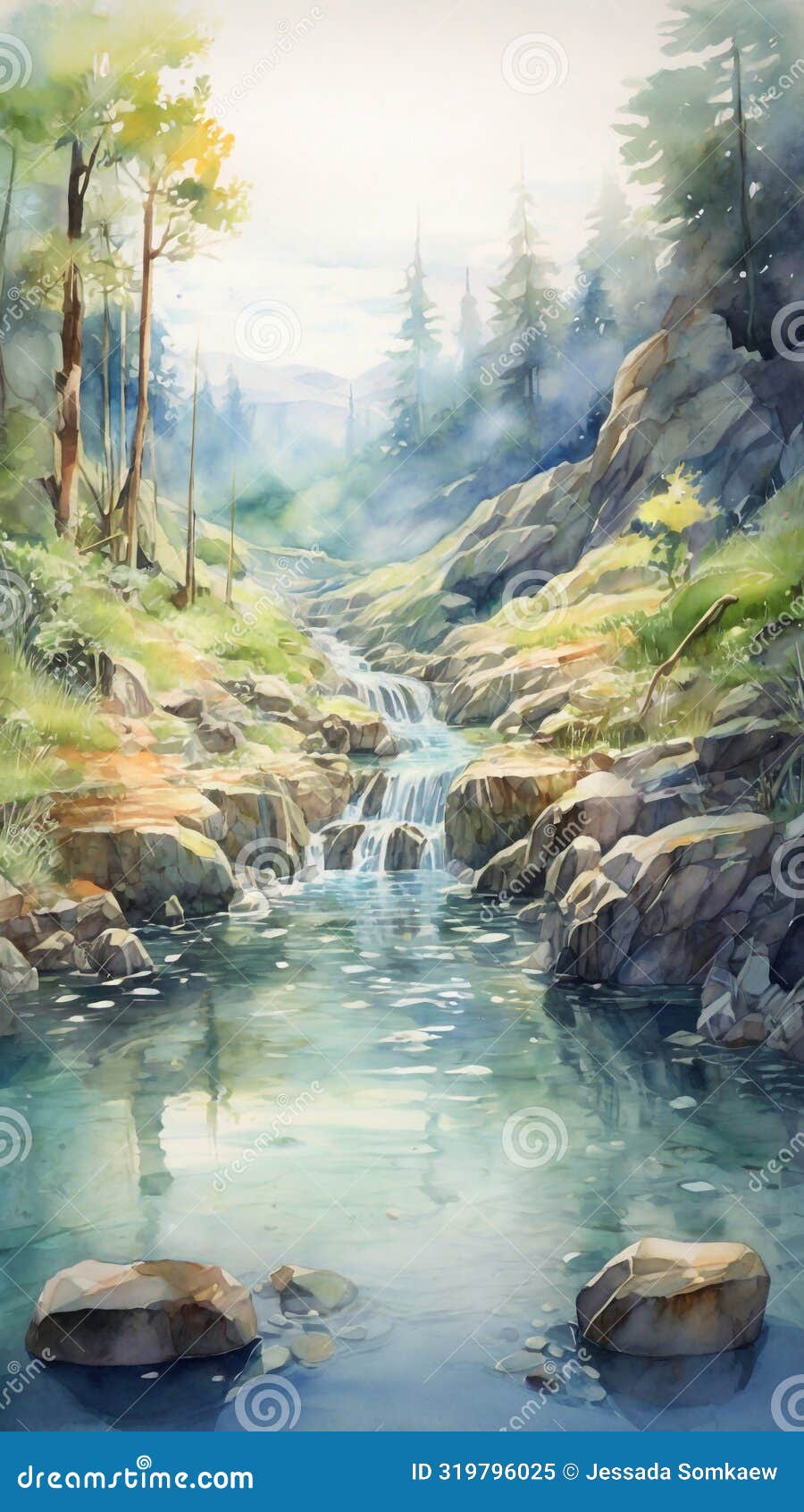 Watercolor Painting: a Crystal-clear Freshwater Spring, Bubbling Up ... Watercolor Painting: a Crystal-clear Freshwater Spring, Bubbling Up ...
