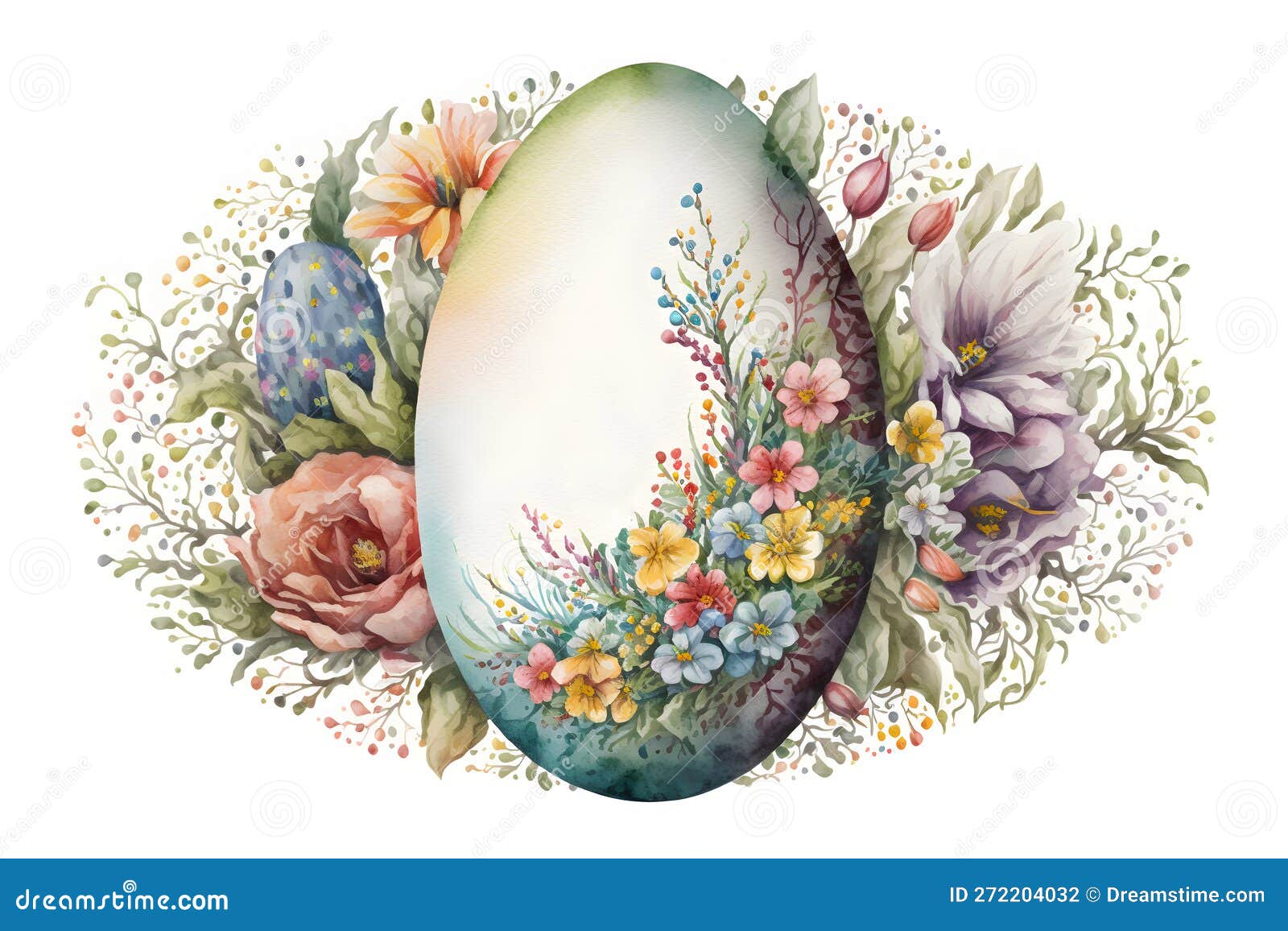 Watercolor Painting of a Decorative Easter Egg with Spring Wildflowers ...
