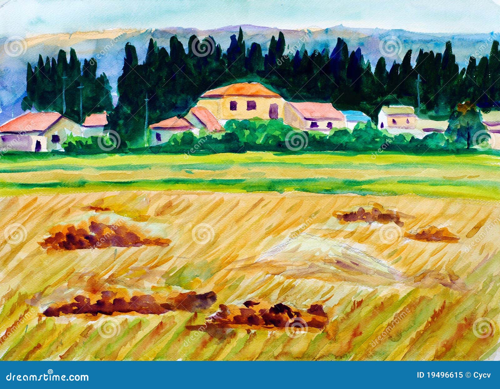 Watercolor Painting - Fields of Gold Stock Illustration - Illustration ...