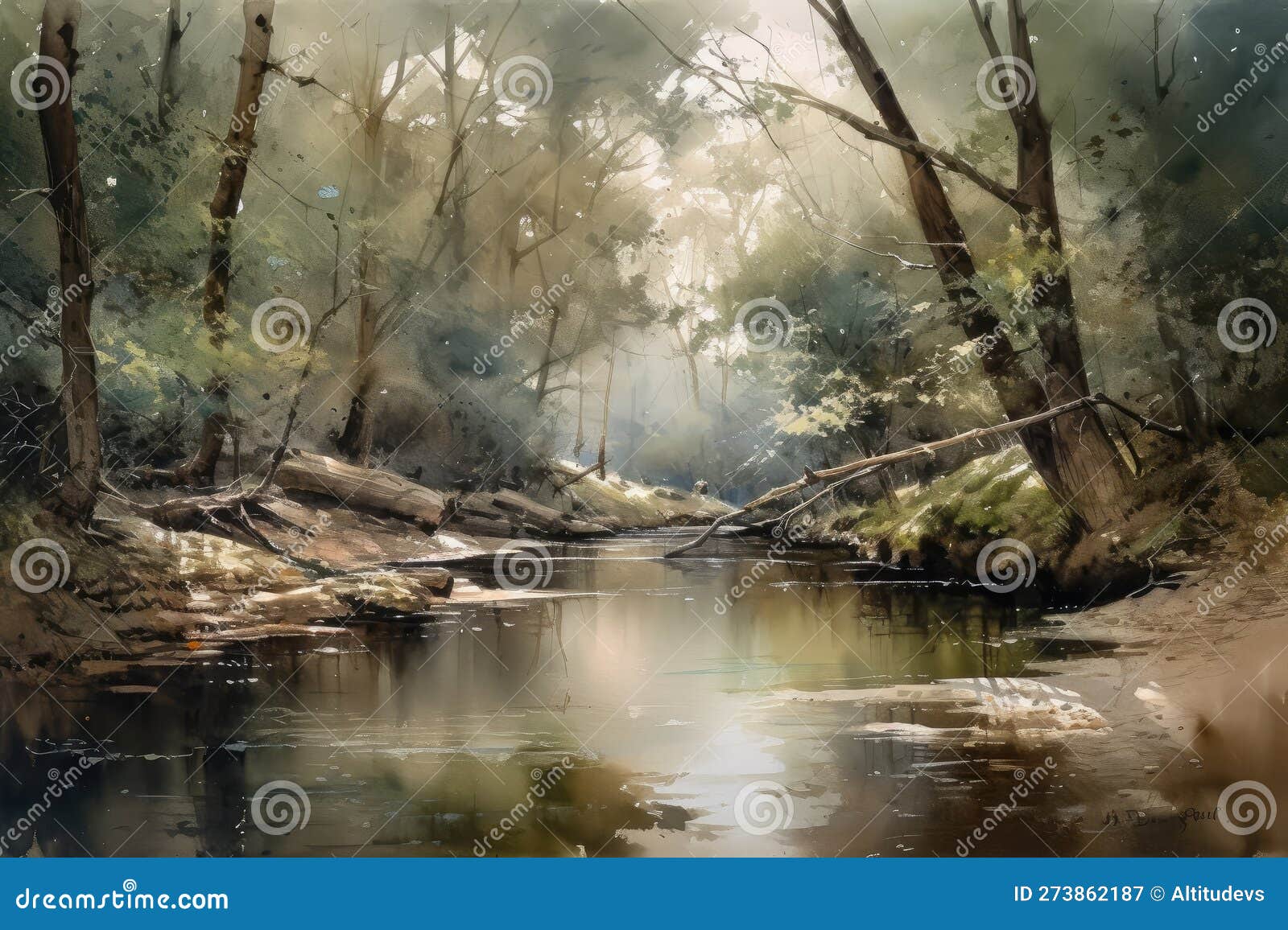 Watercolor Painting of Forest Scene with Tranquil Stream and ...