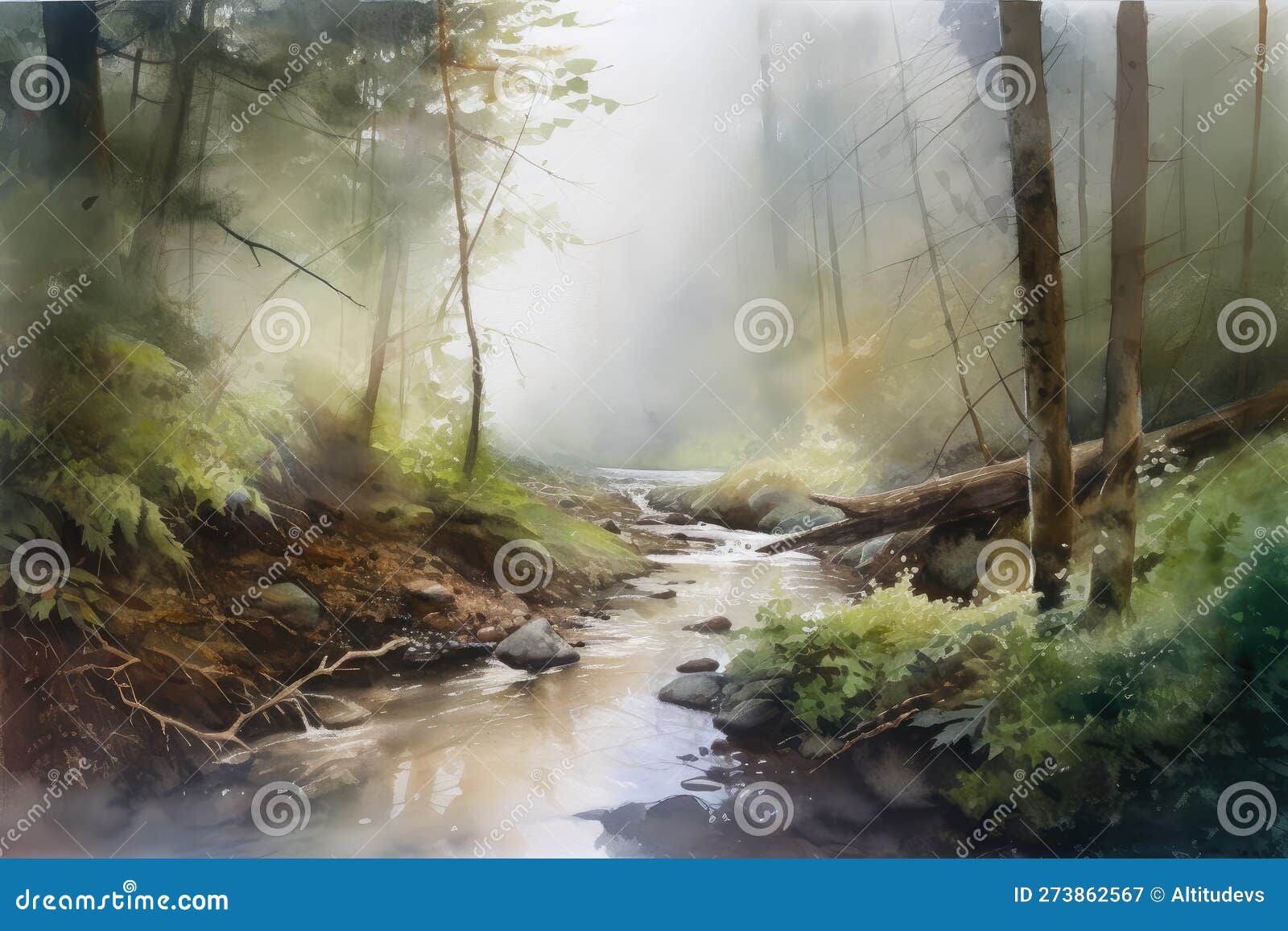 Watercolor Painting of Forest Stream, with Reflection and Mist Stock ...