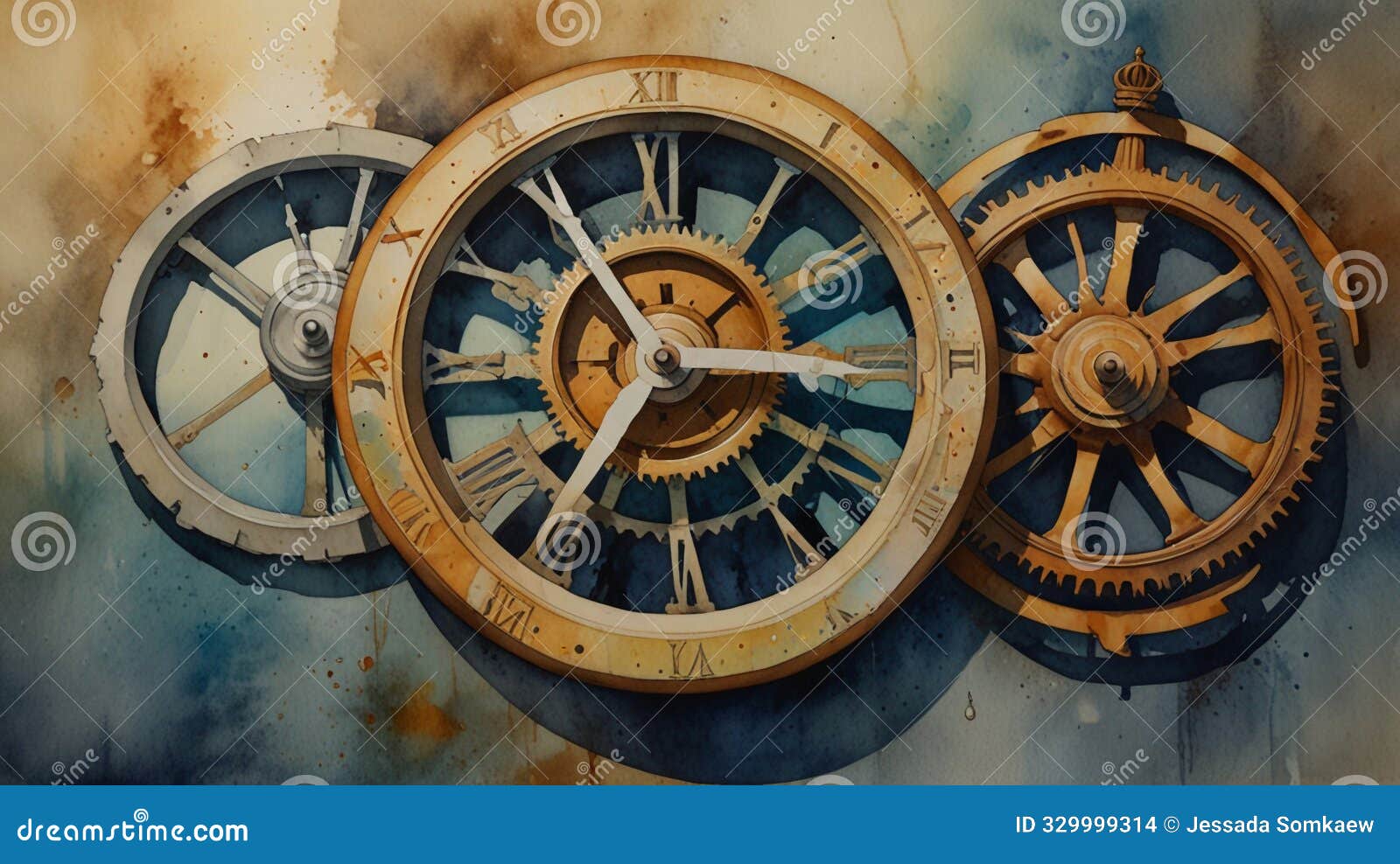 Watercolor Painting: Found Object Assemblage Featuring a Broken Clock ...