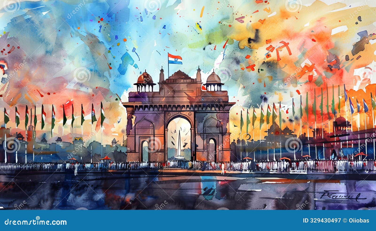 Watercolor Painting of India Gate with Flags and People Stock ...
