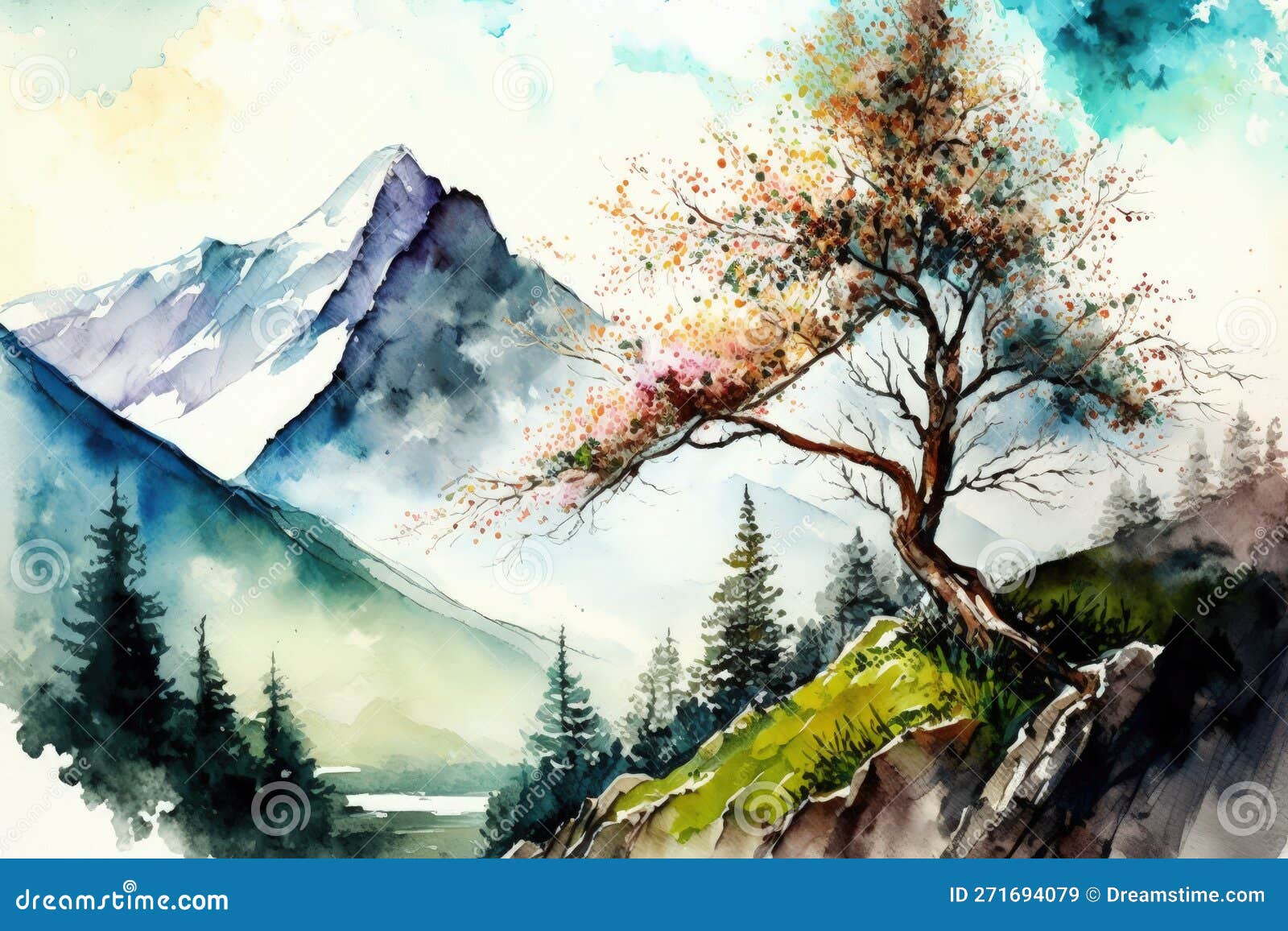 Watercolor Painting of a Mountain Scene in Spring Stock Illustration ...