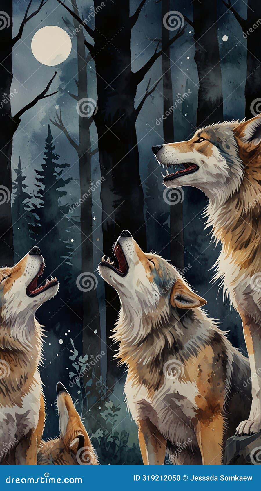 Watercolor Painting: a Pack of Wolves Howling in Unison, Their Complex ...