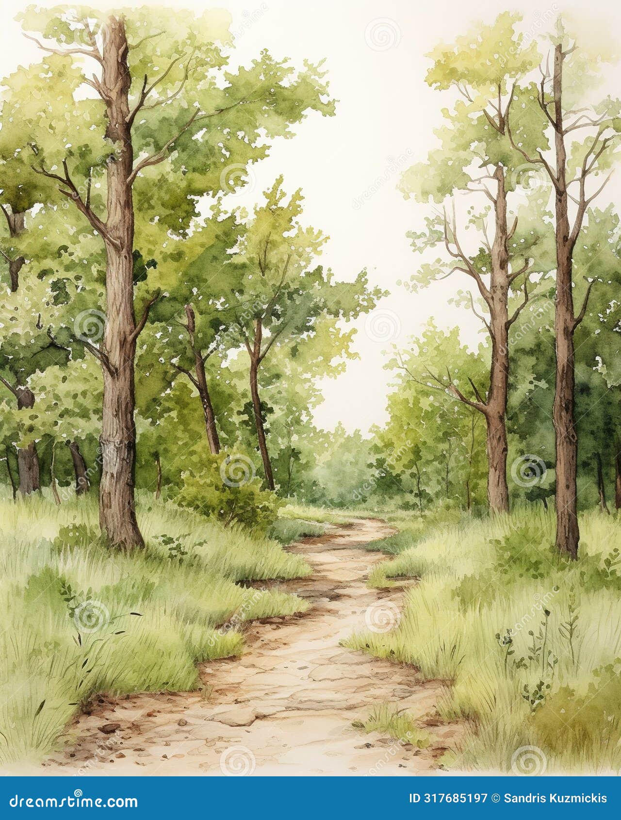 Watercolor Painting with Path through Woods. Generative AI. Stock ...