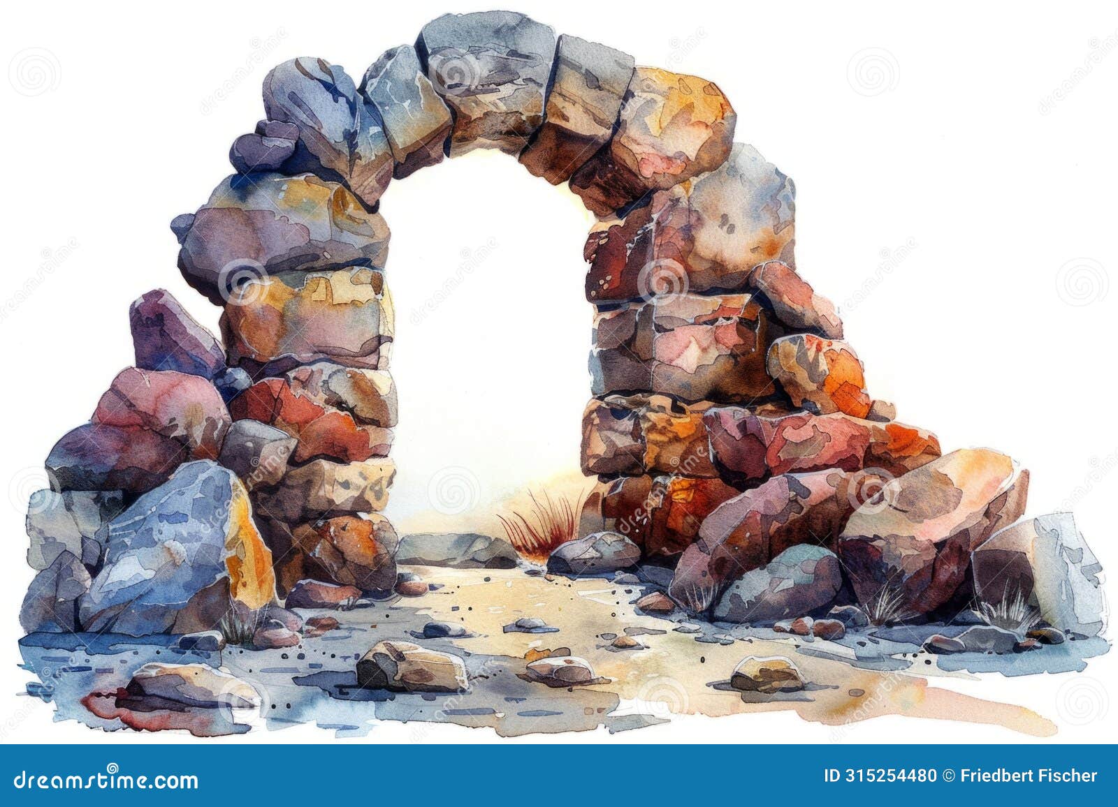 Watercolor Painting of a Rustic Stone Arch on a Beach Stock Photo ...
