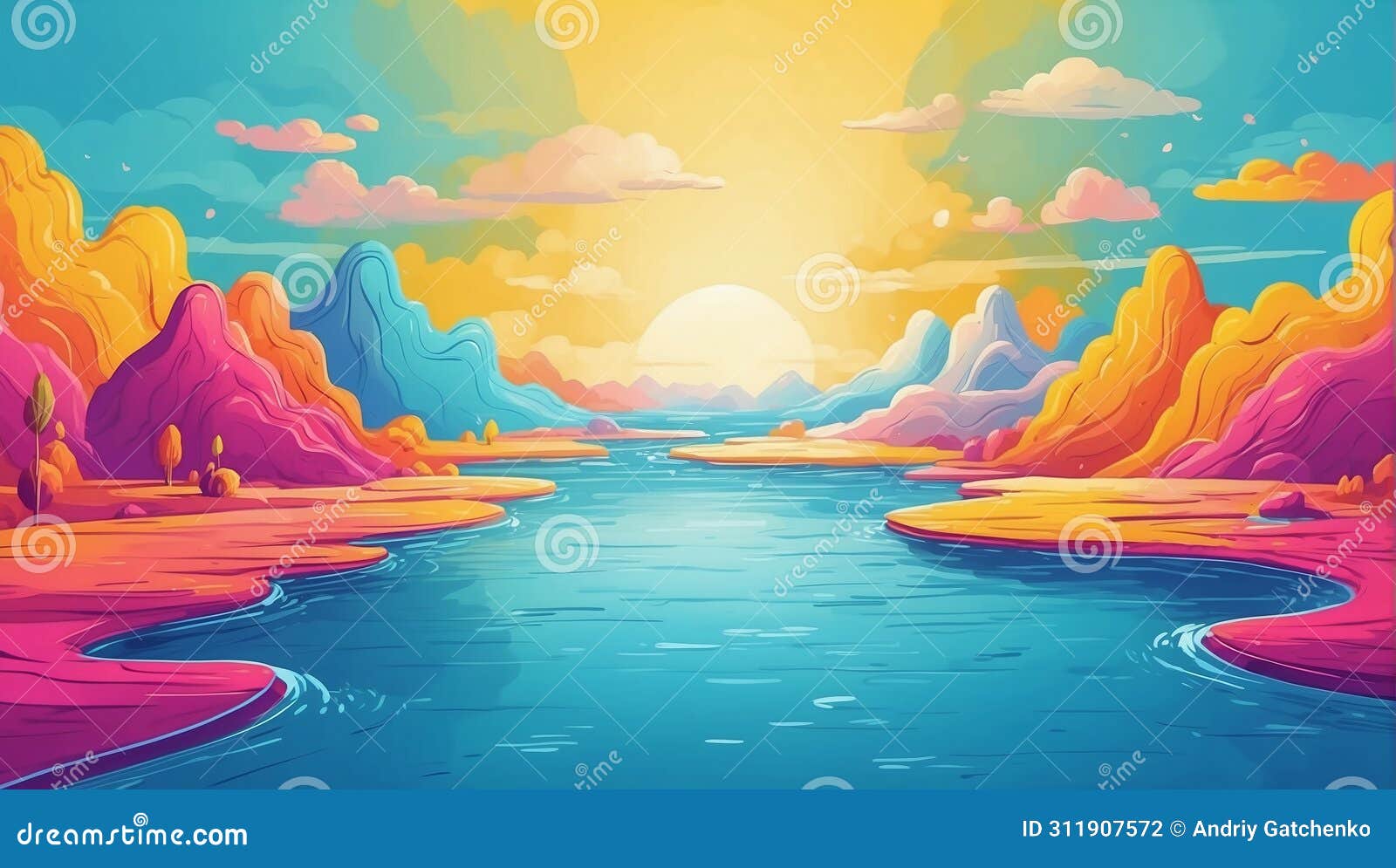 Abstract Drawn Animated Landscape with River, Colorful Shores and ...