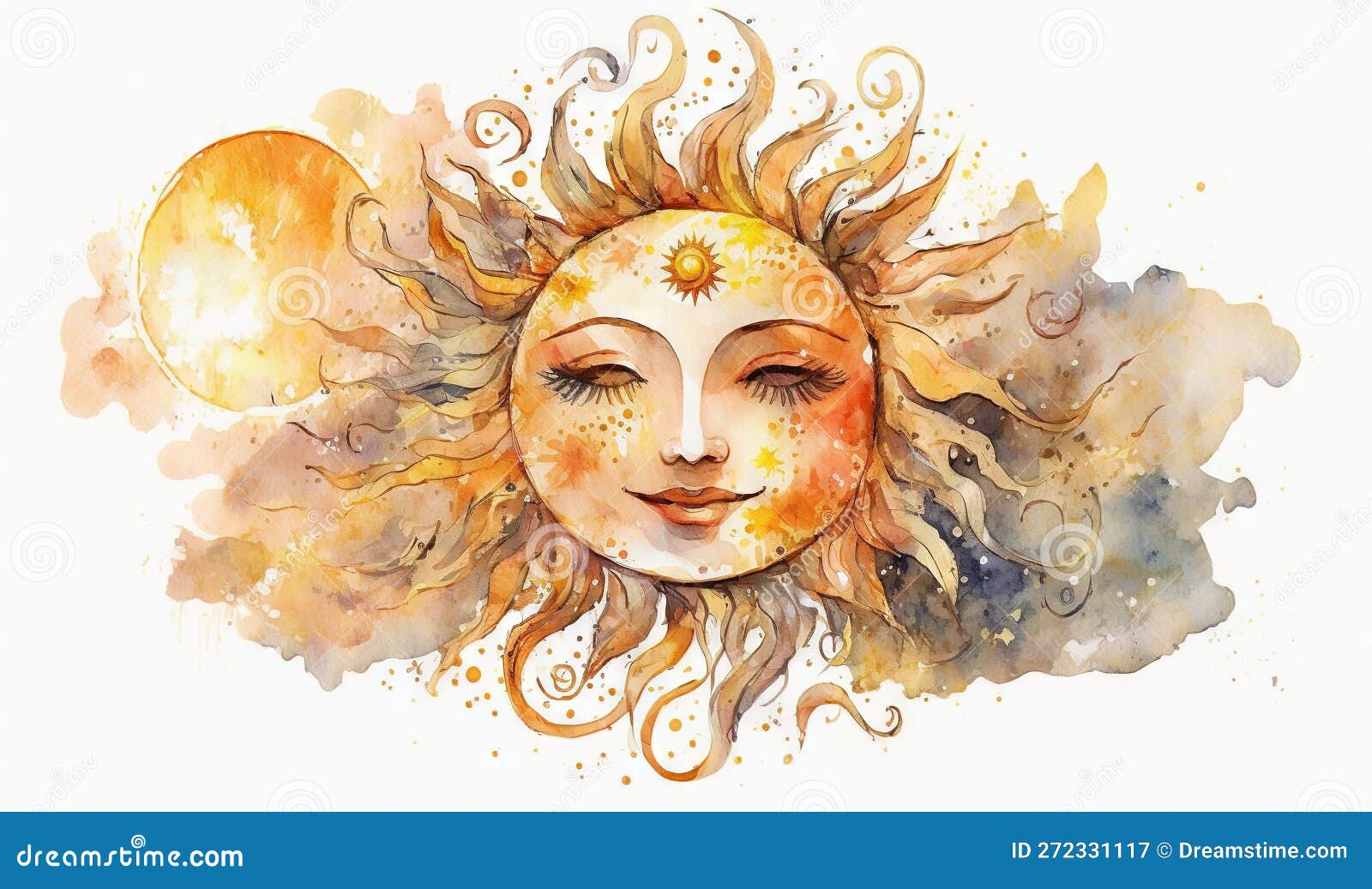A Watercolor Painting of a Sun with a Face on it Stock Image - Image of ...
