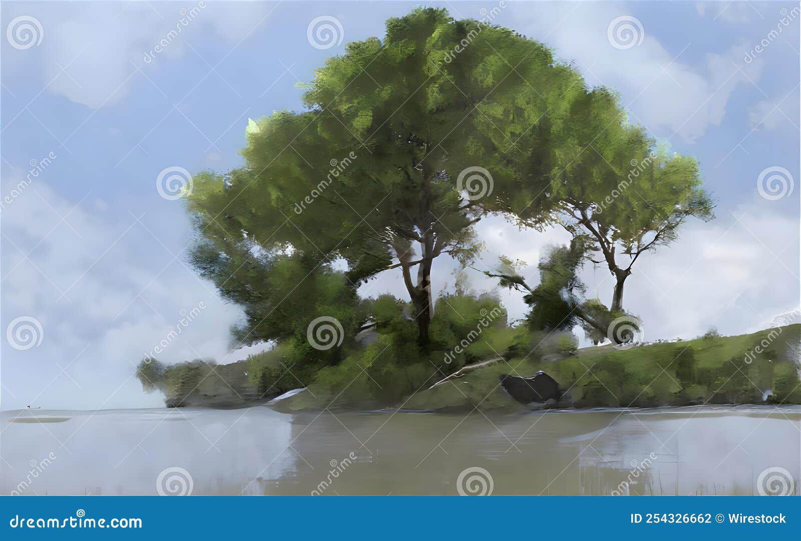 Watercolor Painting of a Tree by the Lake Stock Illustration ...