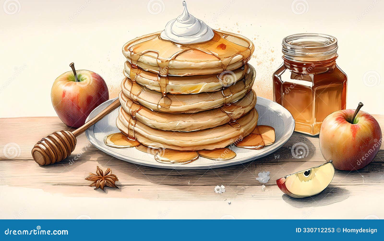 Watercolor of a Pancake Stack with Syrup and Fruit on a Plate Stock ...