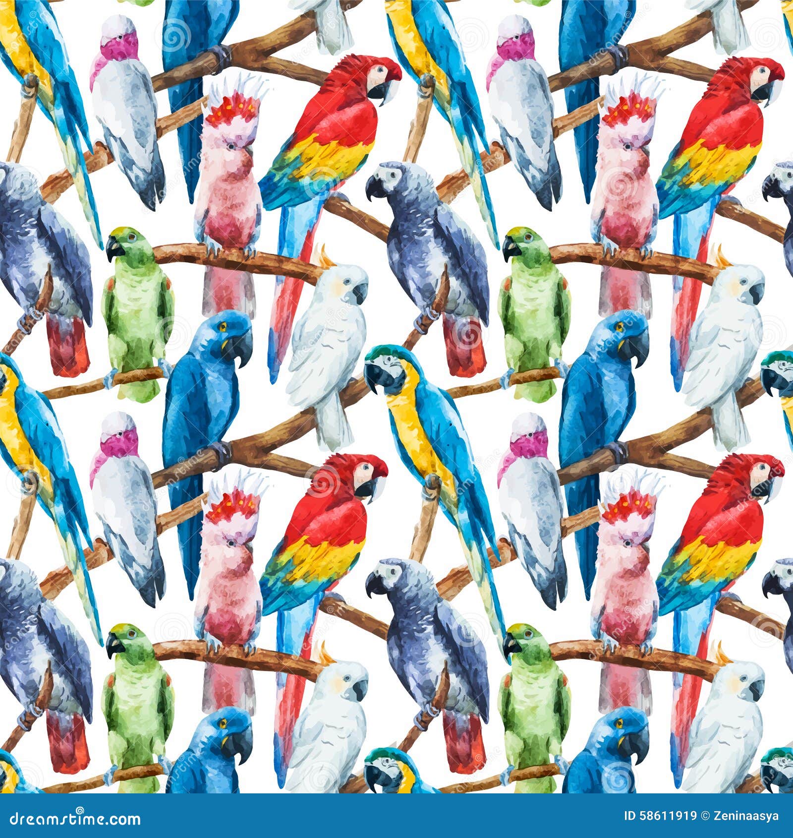 Watercolor parrot pattern stock vector. Illustration of seamless - 58611919