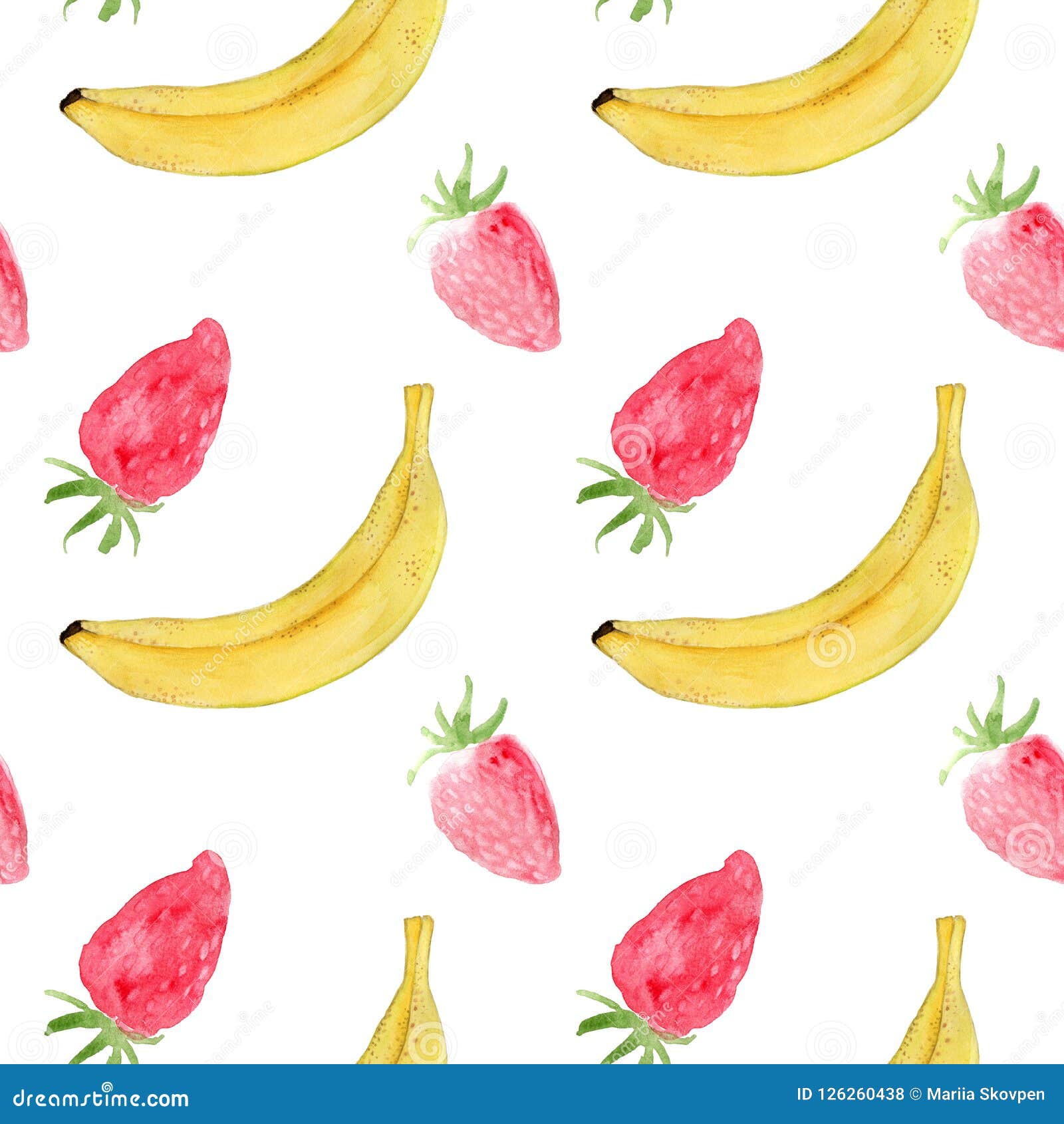 Watercolor Pattern with Banana and Strawberry, for Print, Textile, Web ...