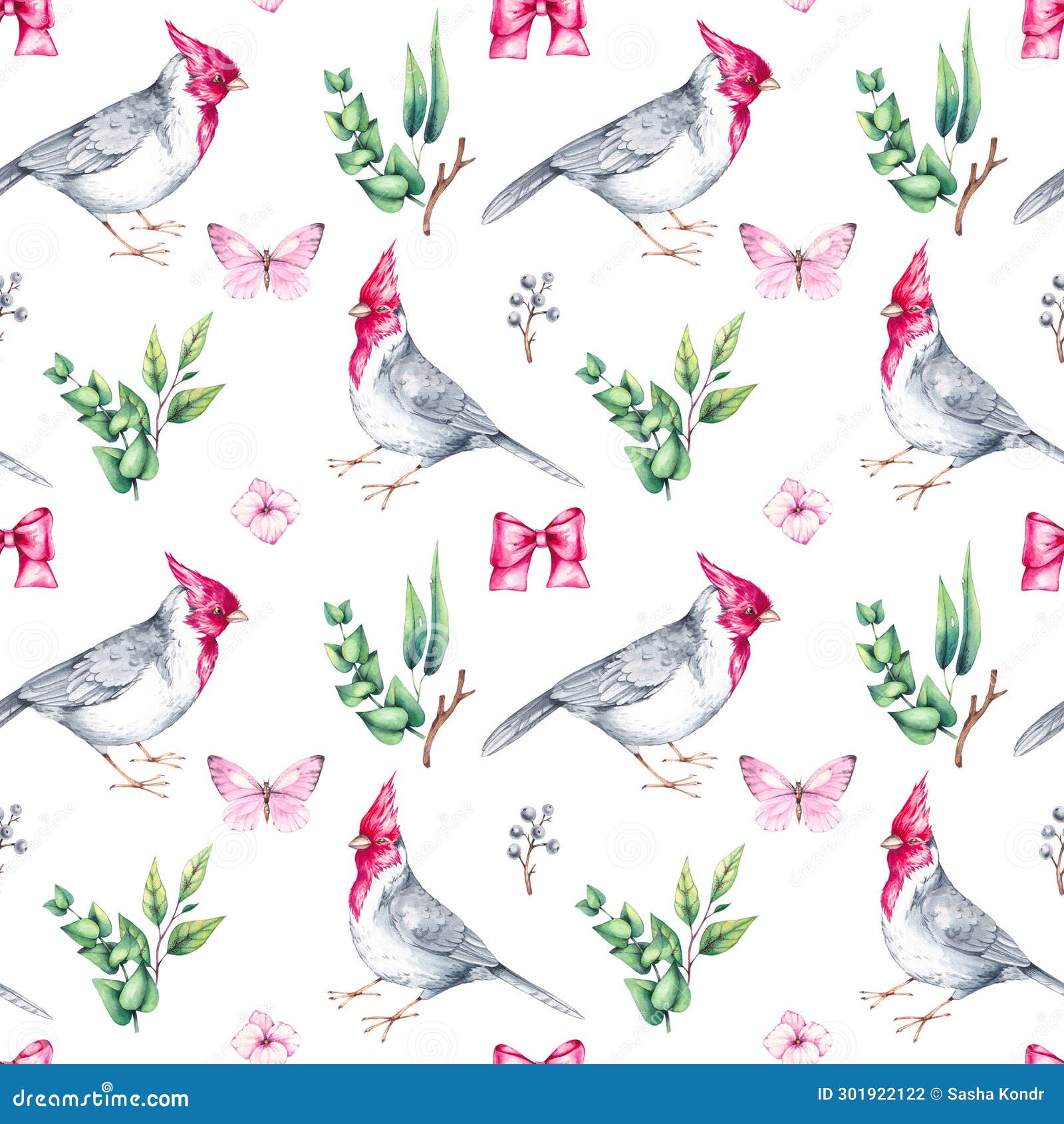 Watercolor Pattern with Birds Red Cardinal, Bouquets Stock Photo ...