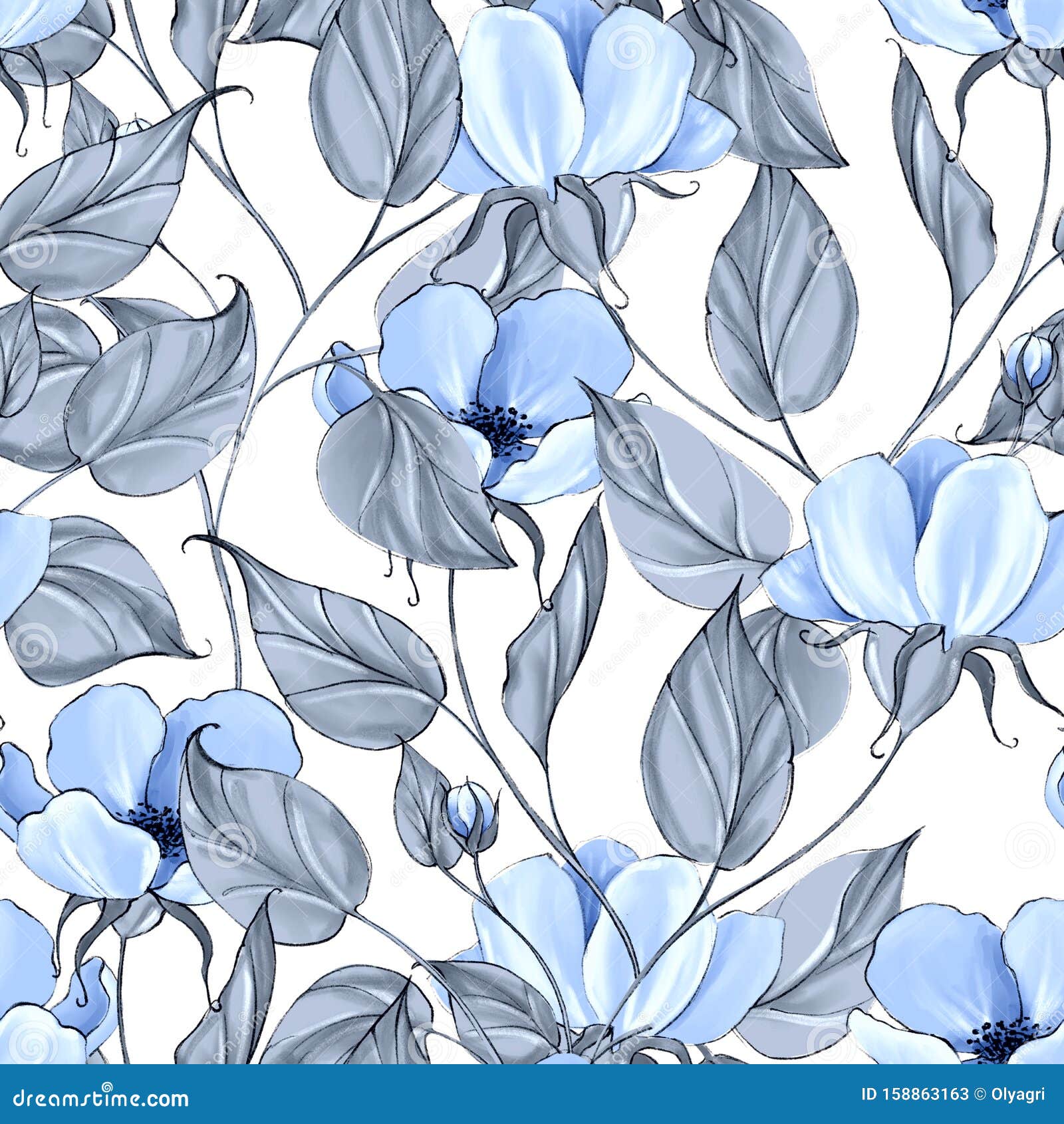 Watercolor Pattern with Blue Flowers. Stock Illustration - Illustration ...