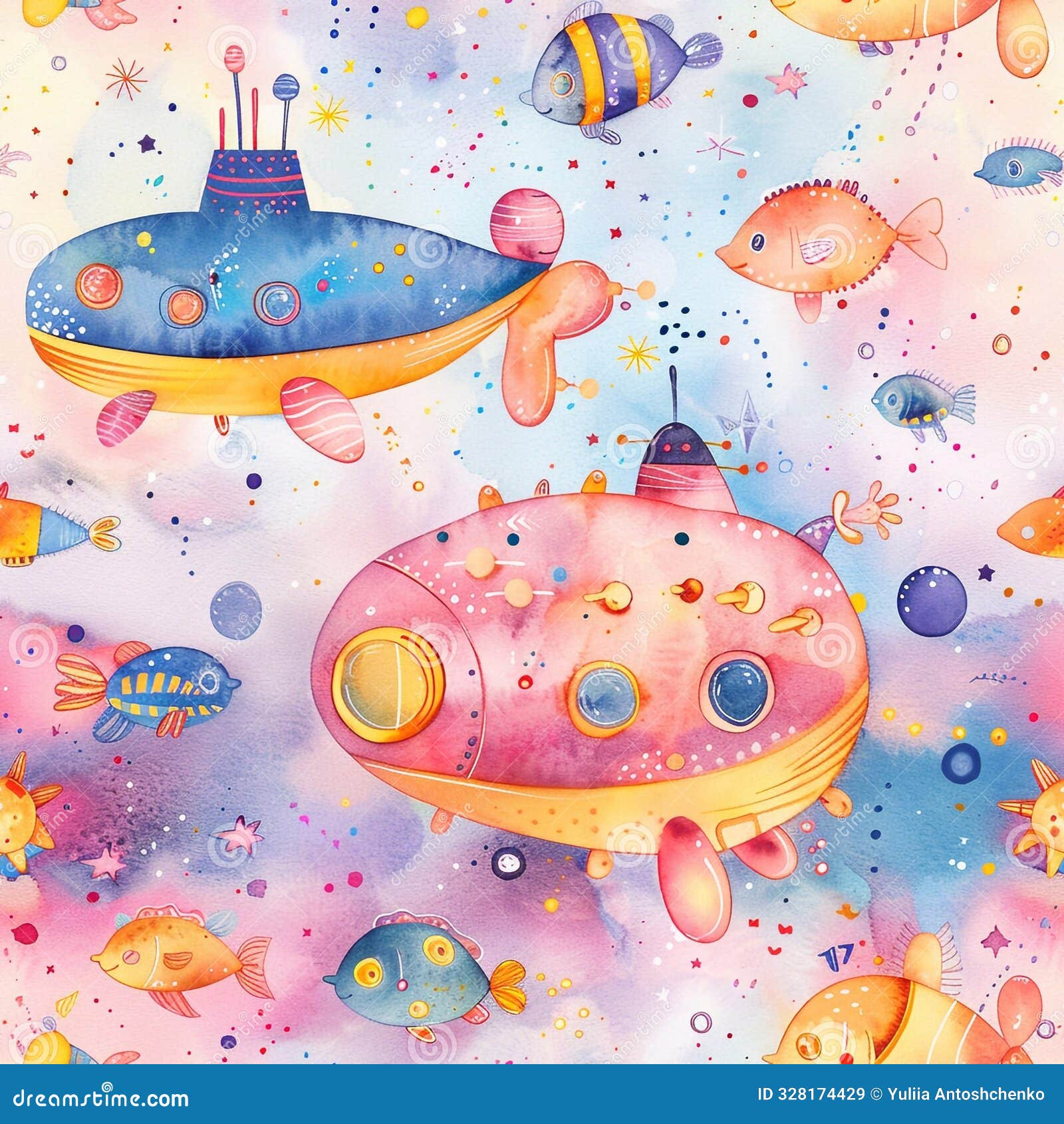 Cartoon Submarines. Cute Childish Submarine With Iron Arm Propeller ...