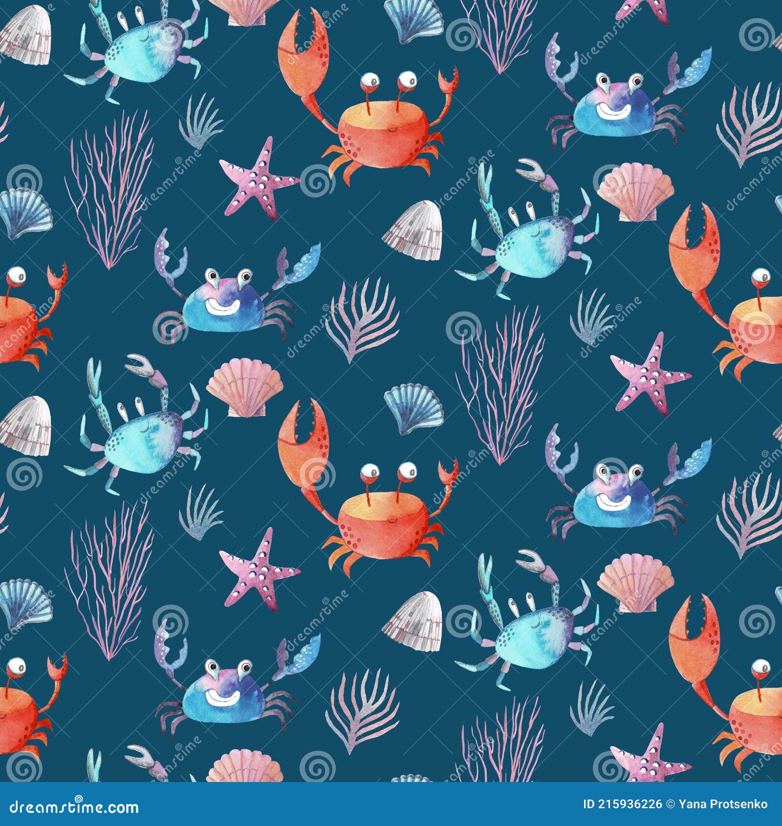 Watercolor Pattern, Crabs and Shells Stock Illustration - Illustration ...