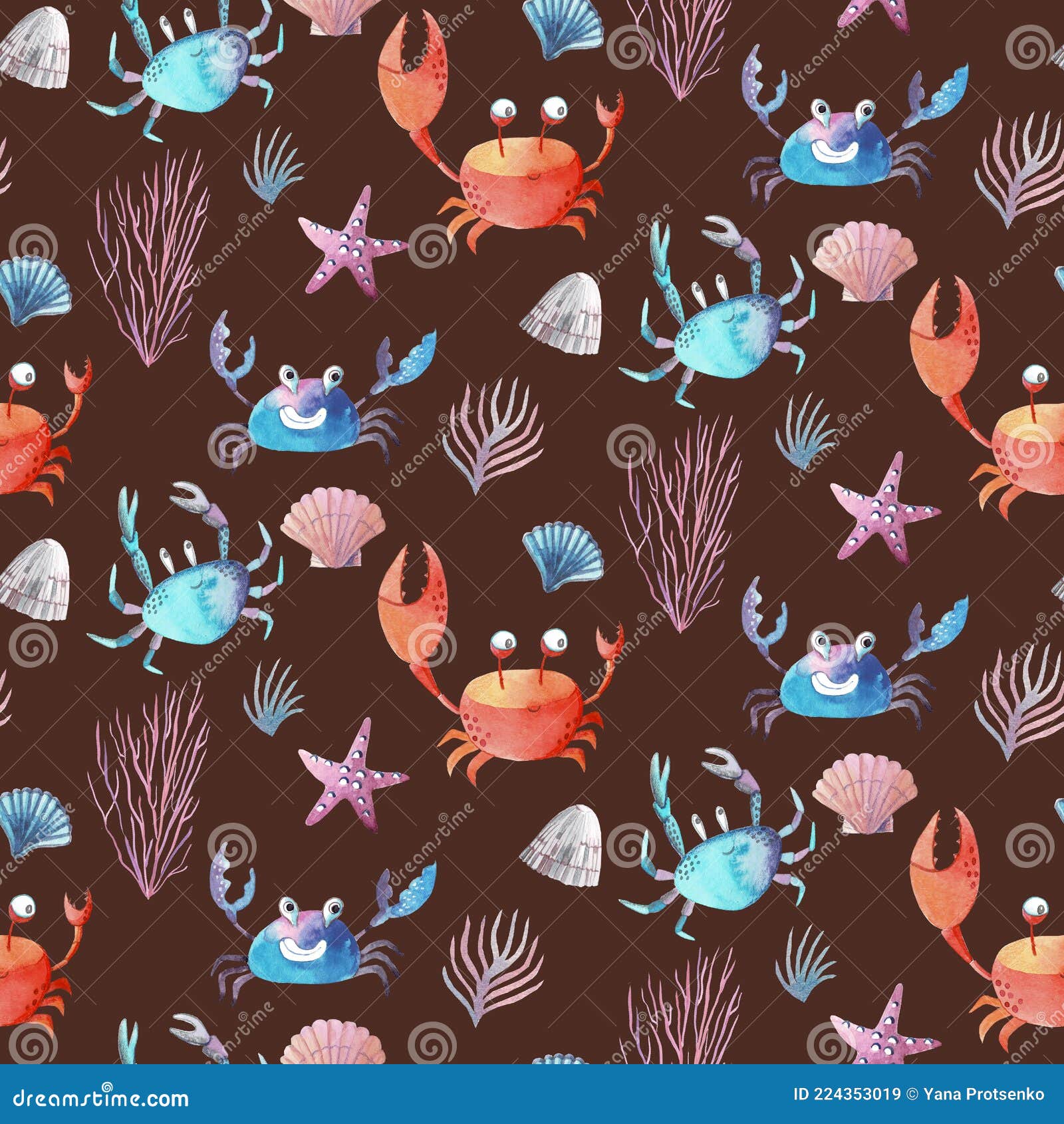 Watercolor Pattern, Crabs and Shells Stock Illustration - Illustration ...