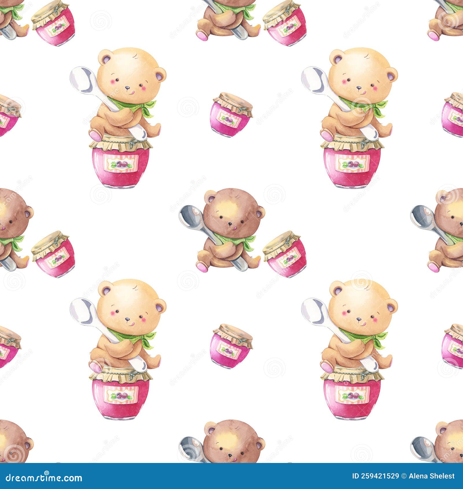 Watercolor Pattern with Cute Bears and Raspberry Jam. Stock Image ...