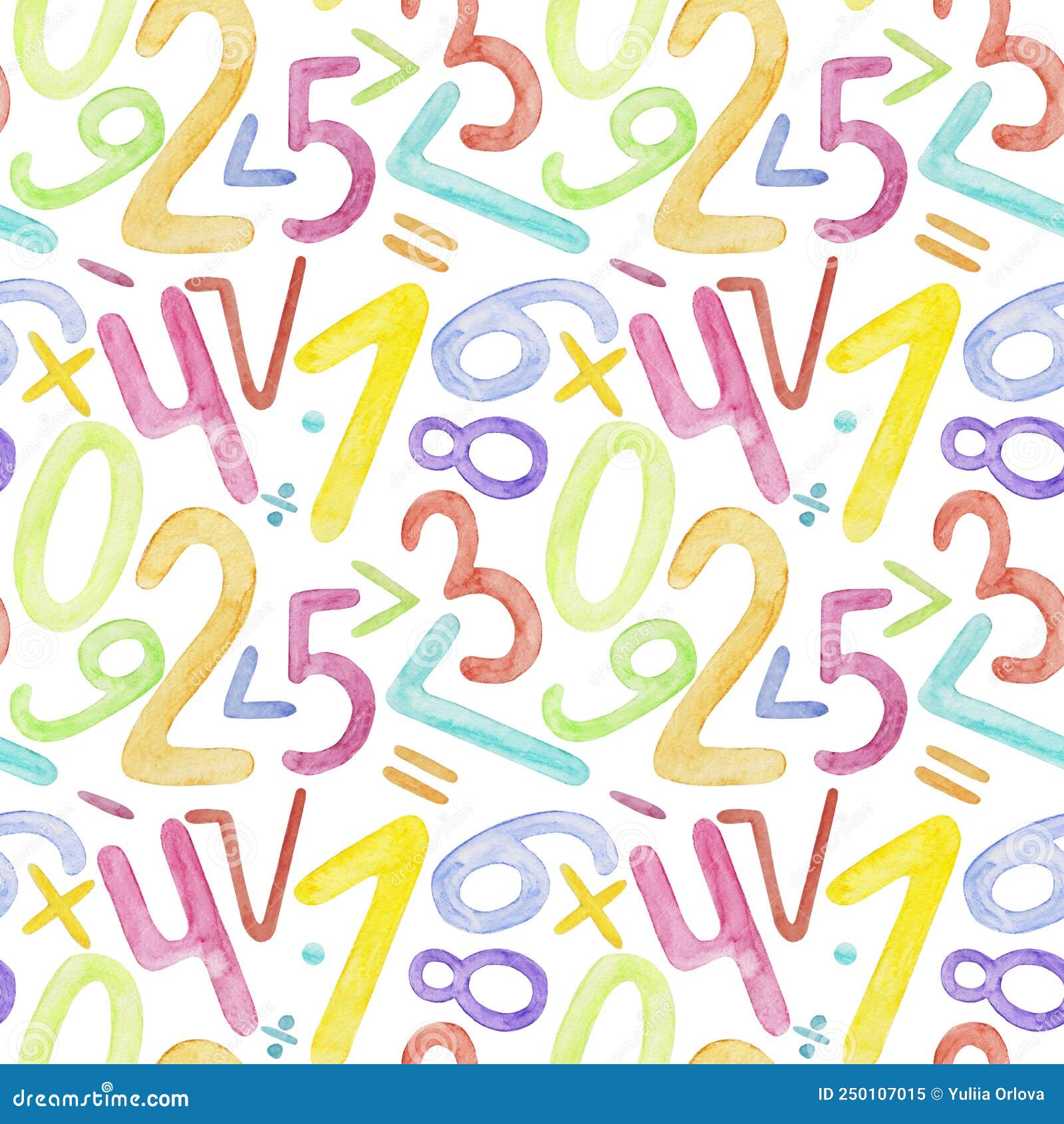 Watercolor Pattern with Numbers and Math Symbols. Colorful Childish ...