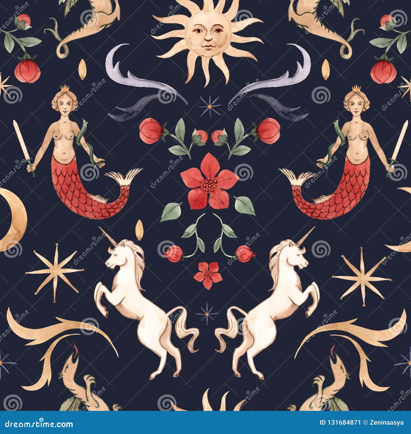 Watercolor Pattern with Medieval Illustrations Stock Illustration ...