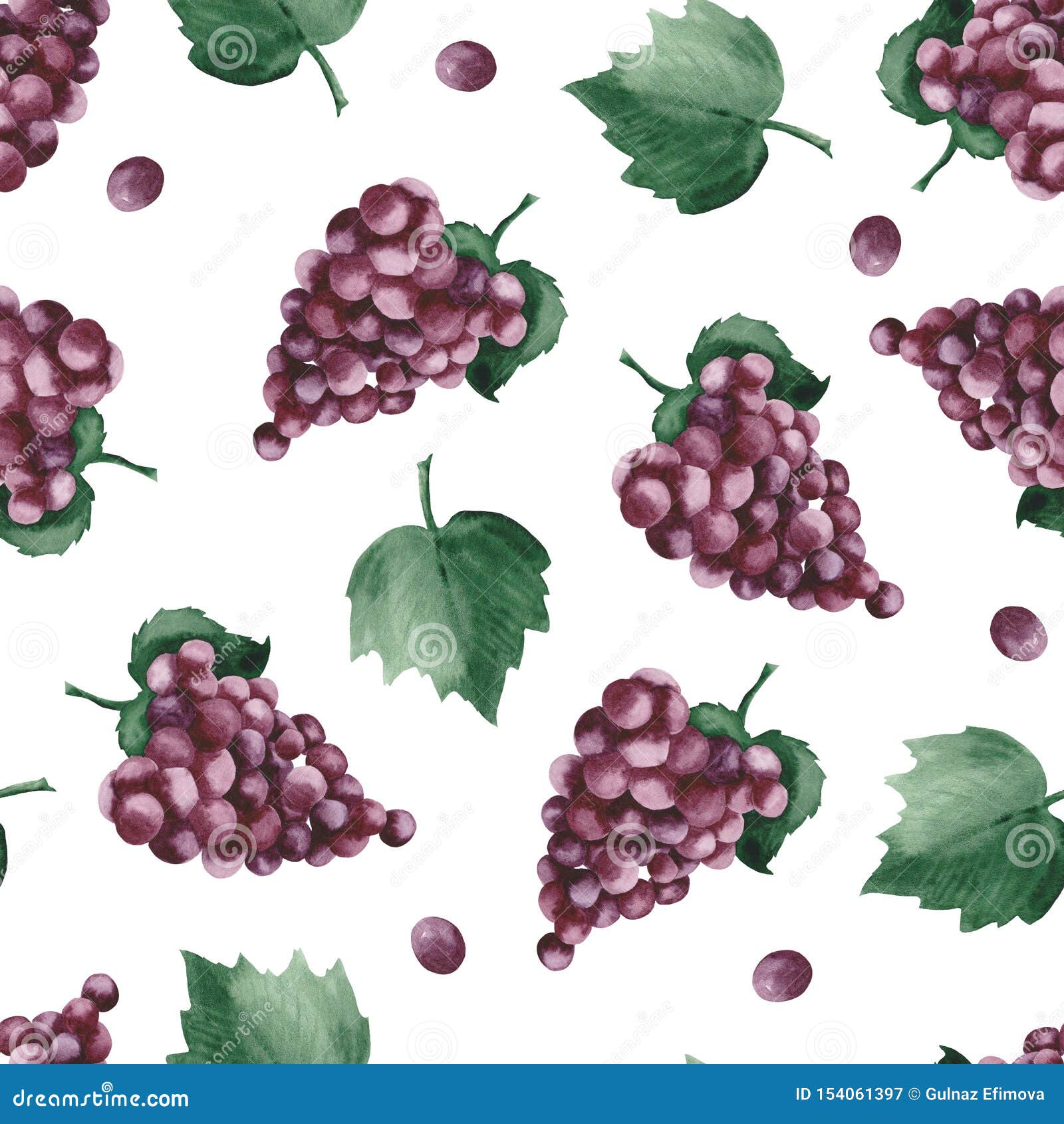 Watercolor Pattern with Purple Grapes and Grape Leaves. Stock ...