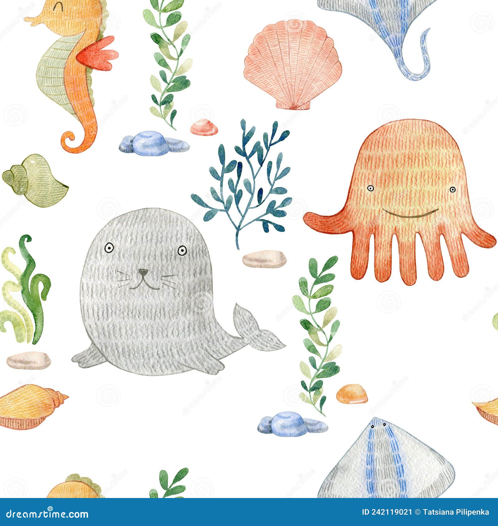Watercolor Pattern with Sea Creatures. Stock Image - Image of creature ...